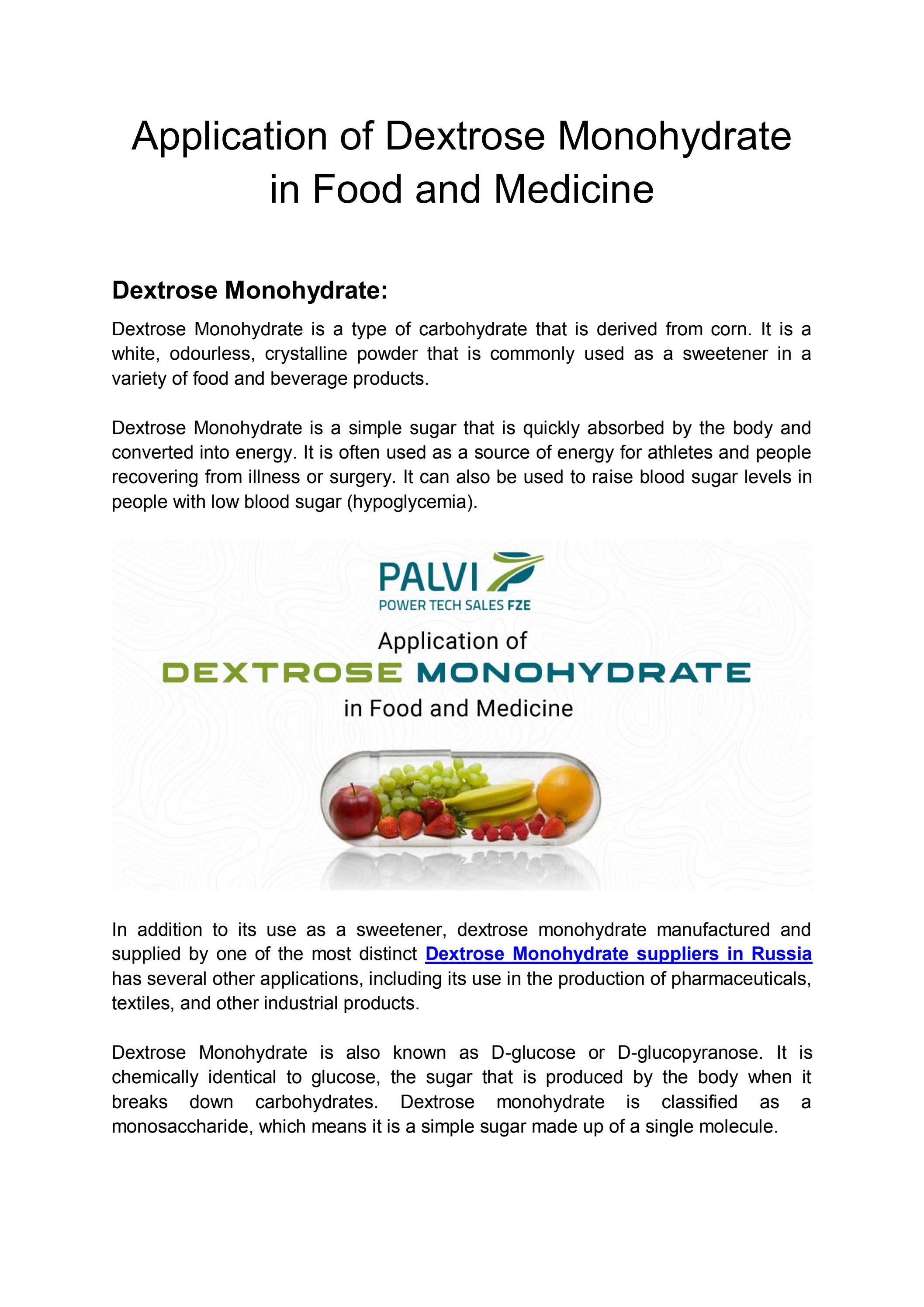 Application of Dextrose Monohydrate in Food and Medicine by Palvi Fze ...