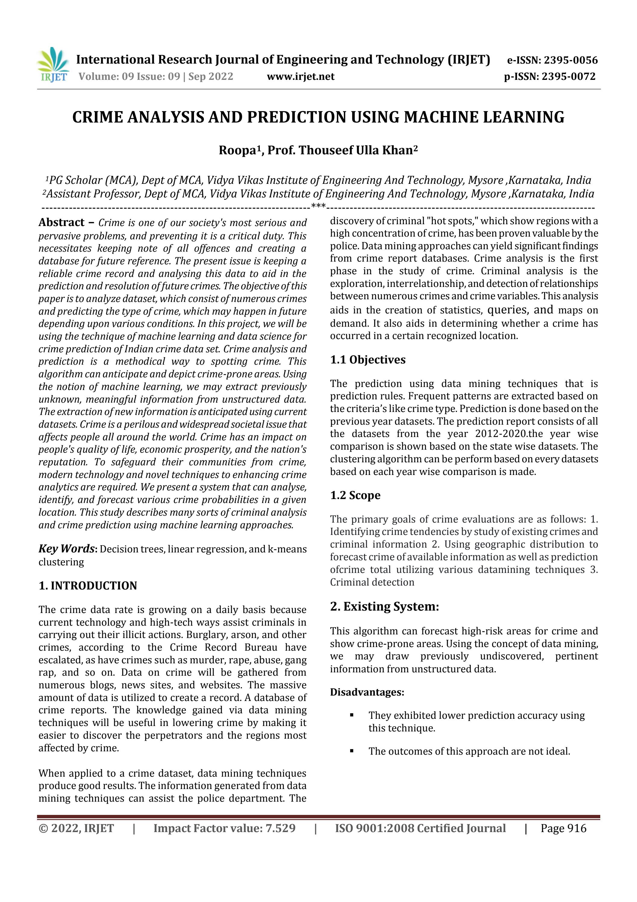 CRIME ANALYSIS AND PREDICTION USING MACHINE LEARNING by IRJET Journal ...