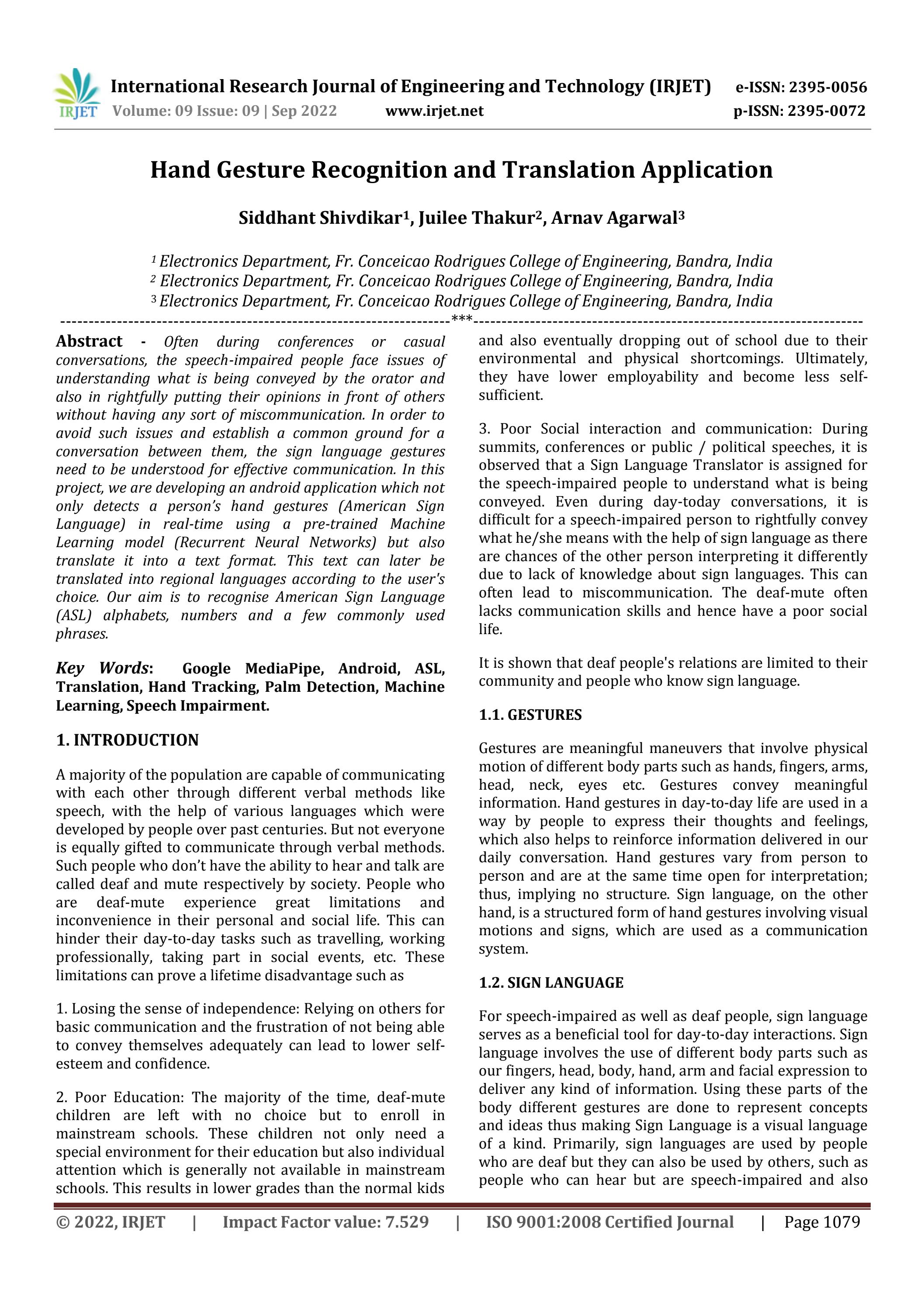 Hand Gesture Recognition and Translation Application by IRJET Journal ...