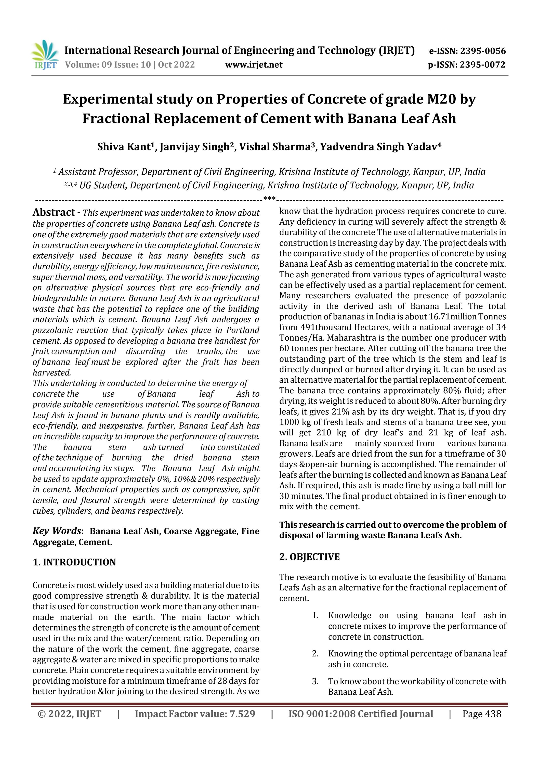 Experimental study on Properties of Concrete of grade M20 by Fractional ...