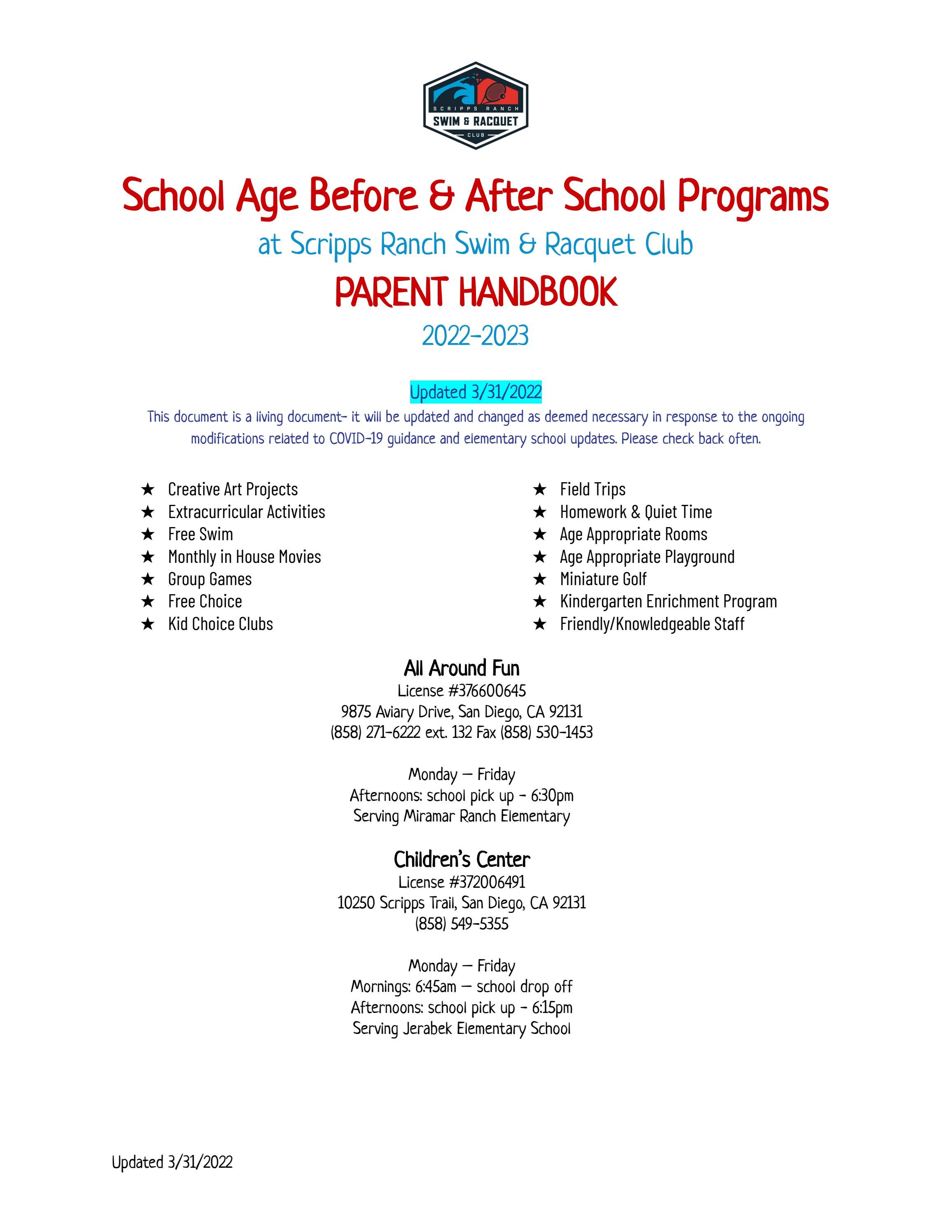 2022-2023 School Age Program Parent Handbook by Scripps Ranch Swim & Racquet Club - Issuu