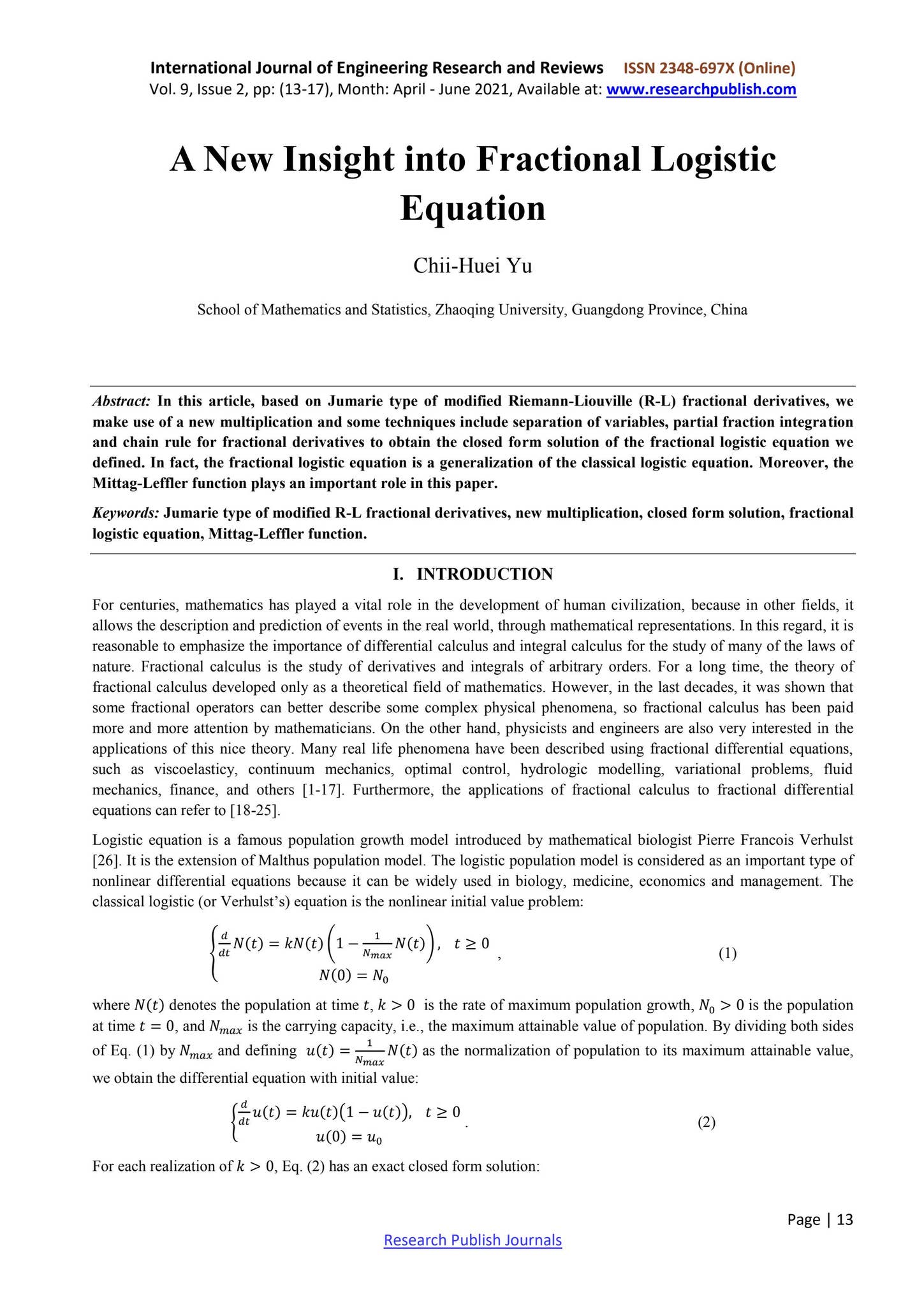 A New Insight into Fractional Logistic Equation by Research Publish Journals - Issuu