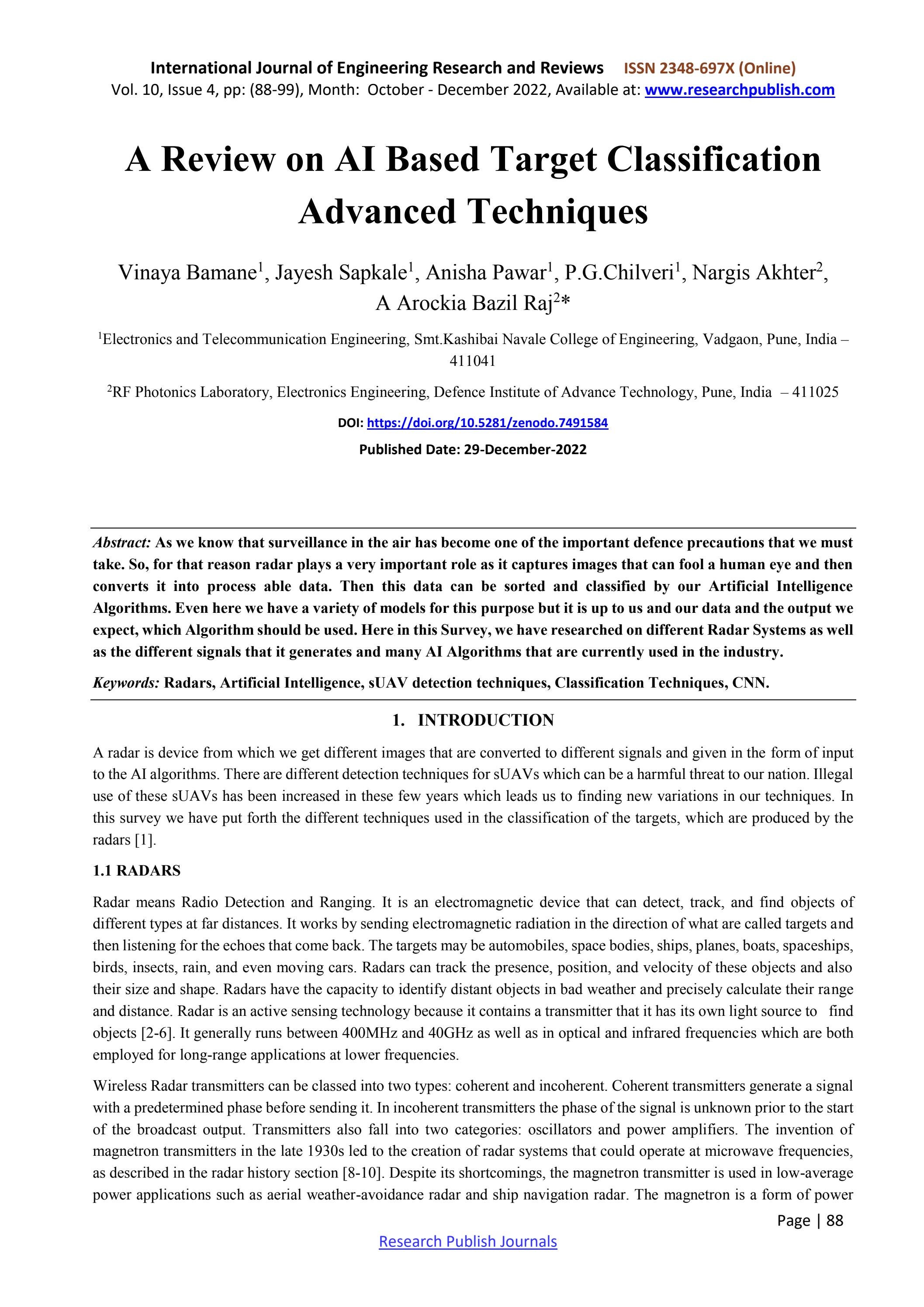 A Review on AI Based Target Classification Advanced Techniques by ...