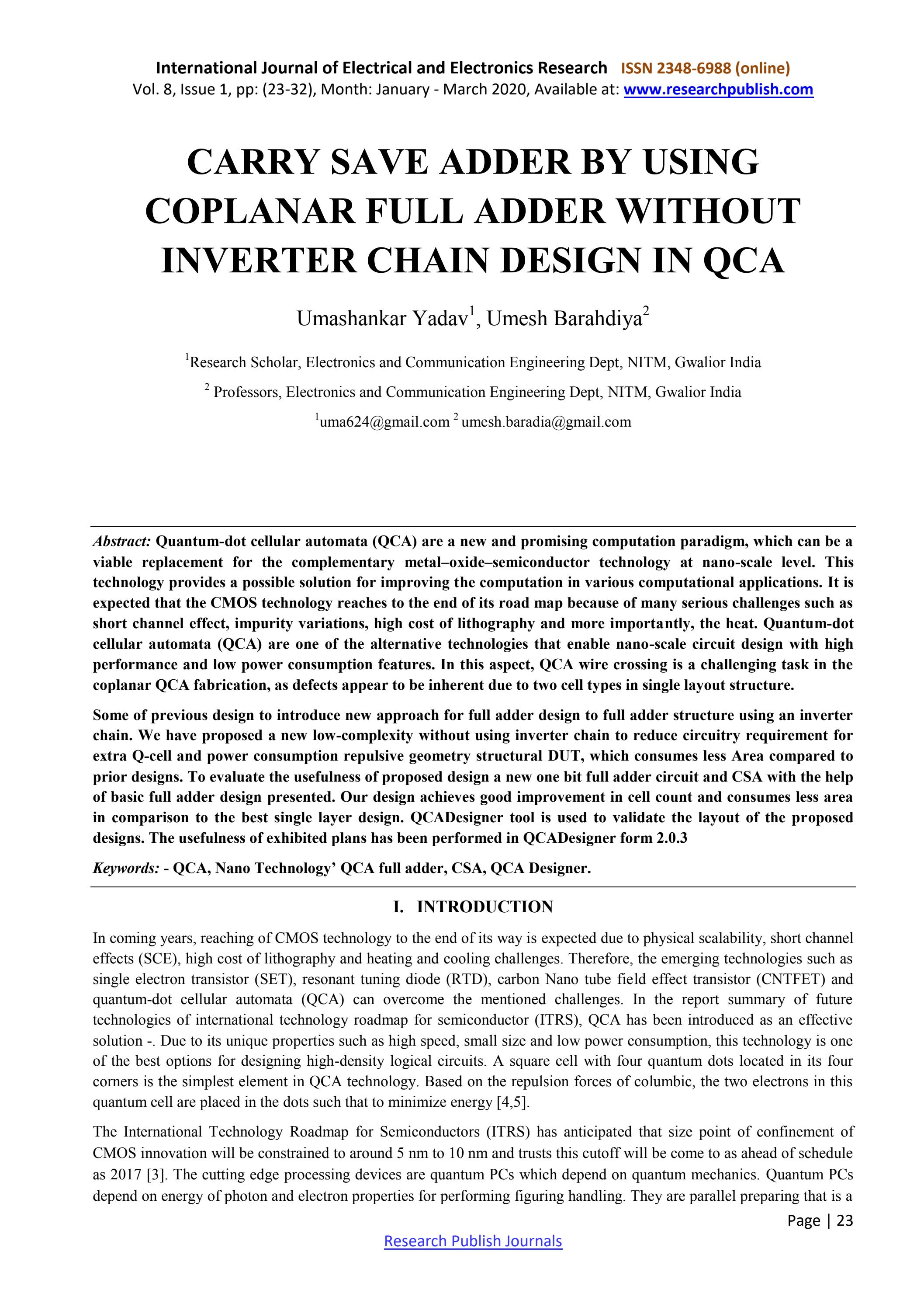 CARRY SAVE ADDER BY USING COPLANAR FULL ADDER WITHOUT INVERTER CHAIN ...
