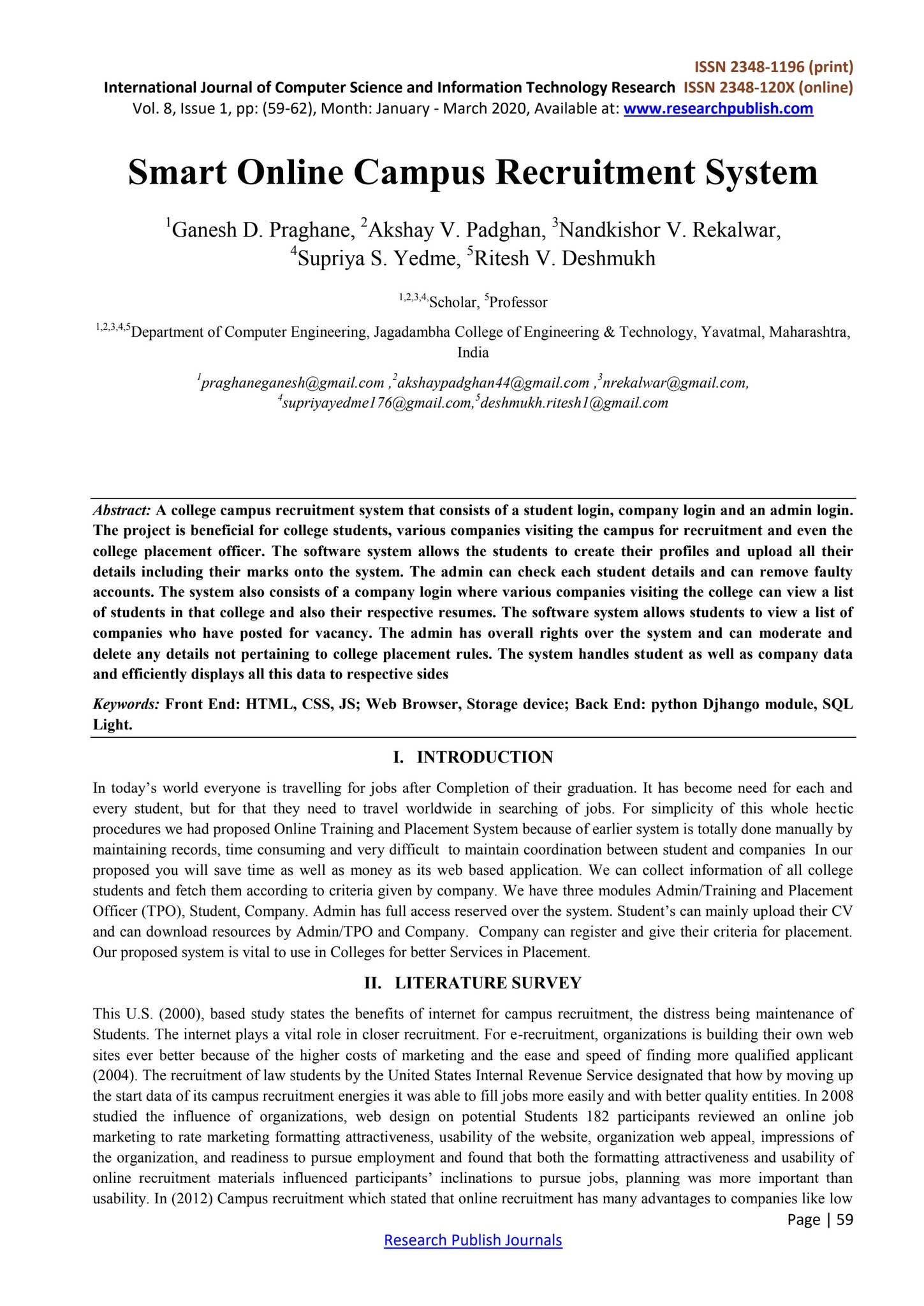 Smart Online Campus Recruitment System by Research Publish Journals - Issuu