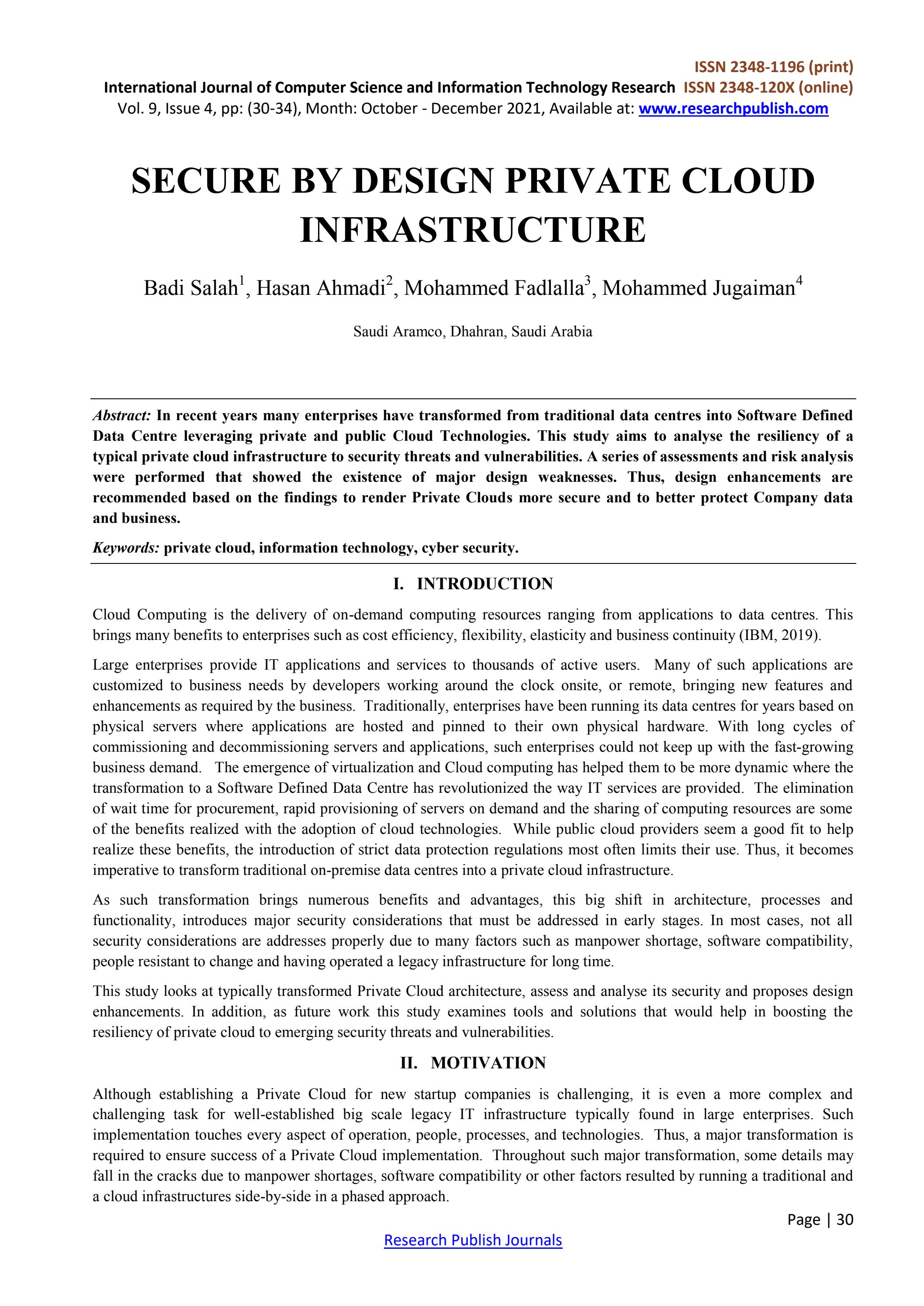 SECURE BY DESIGN PRIVATE CLOUD INFRASTRUCTURE by Research Publish ...