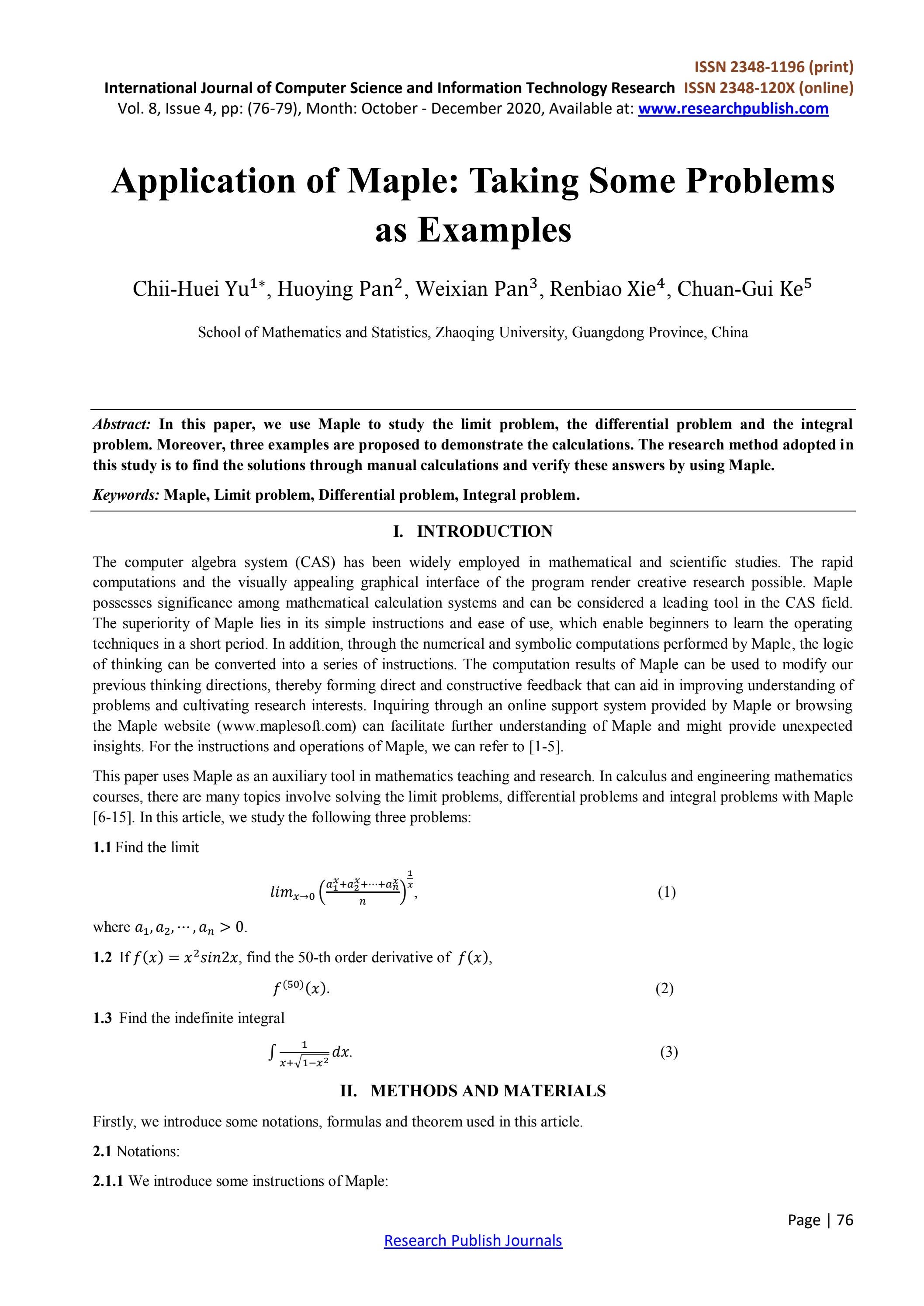 Application of Maple: Taking Some Problems as Examples by Research ...