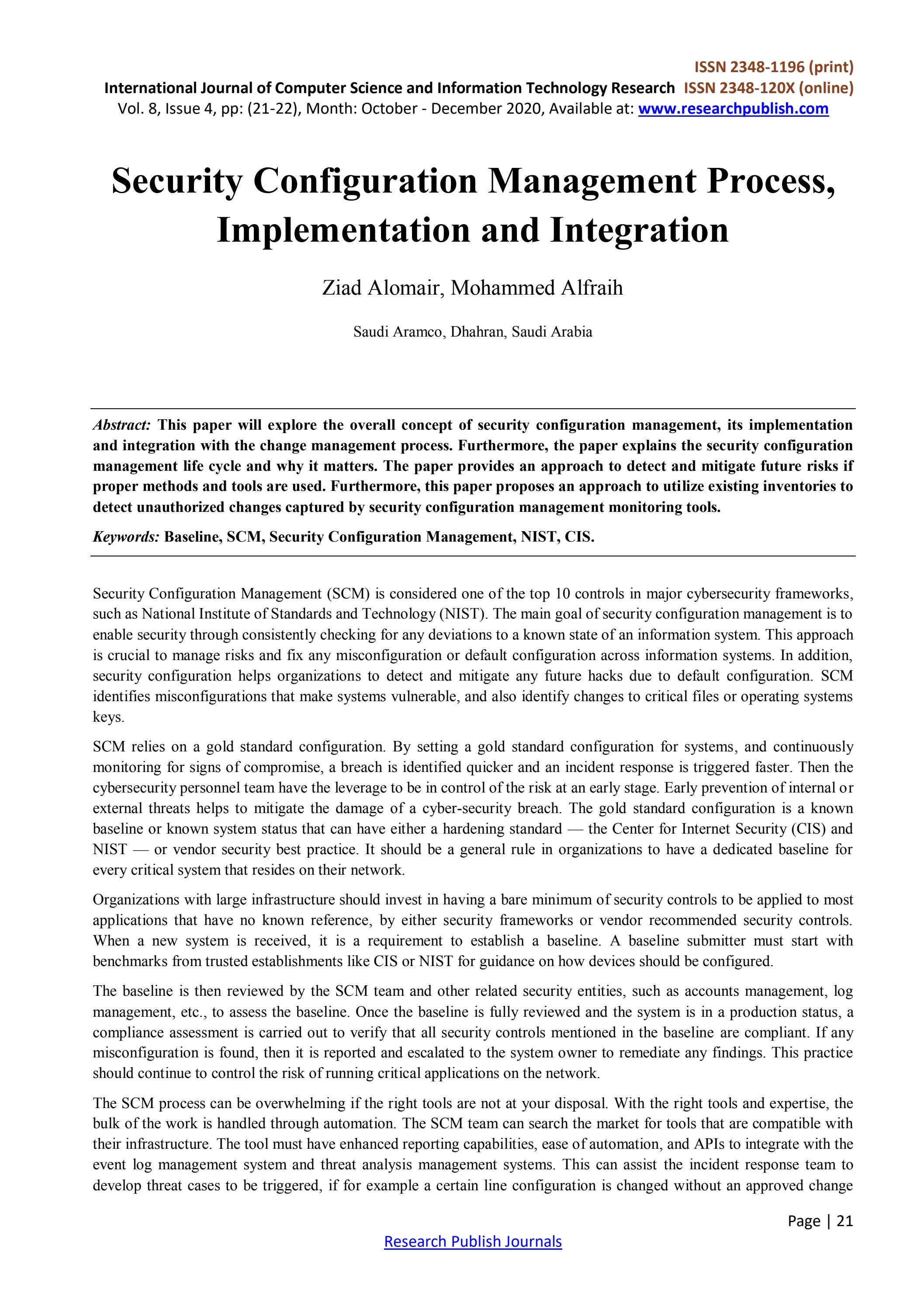 Security Configuration Management Process, Implementation and ...