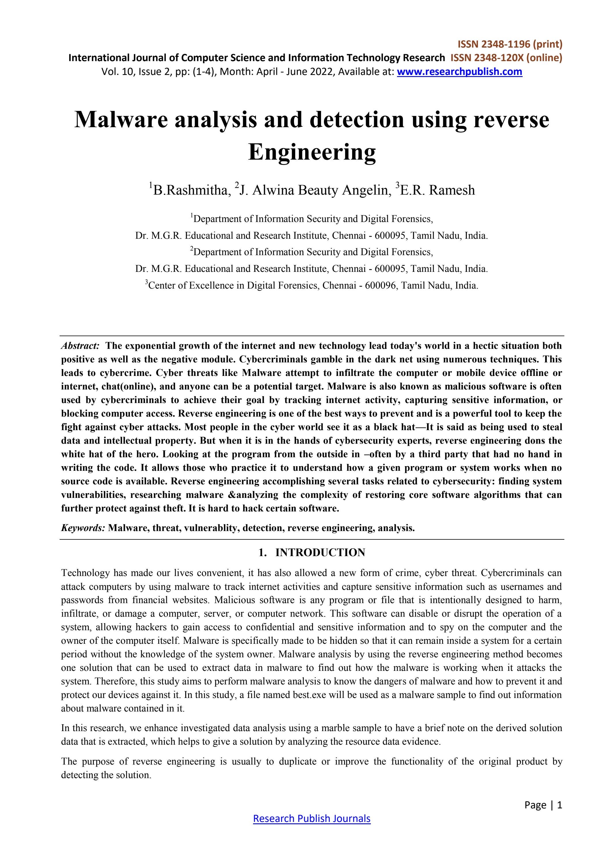 Malware Analysis And Detection Using Reverse Engineering By Research 