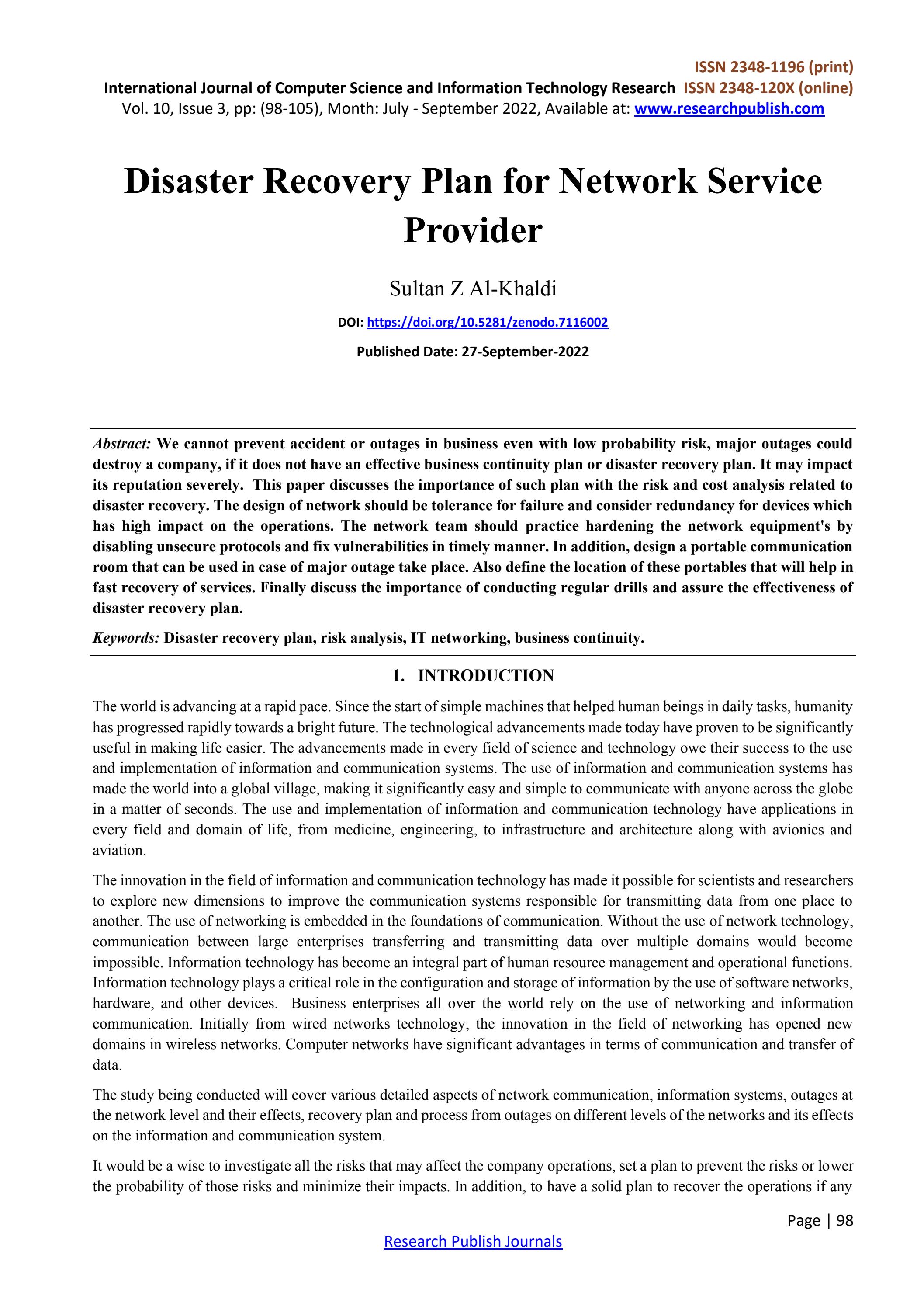 Disaster Recovery Plan for Network Service Provider by Research Publish ...