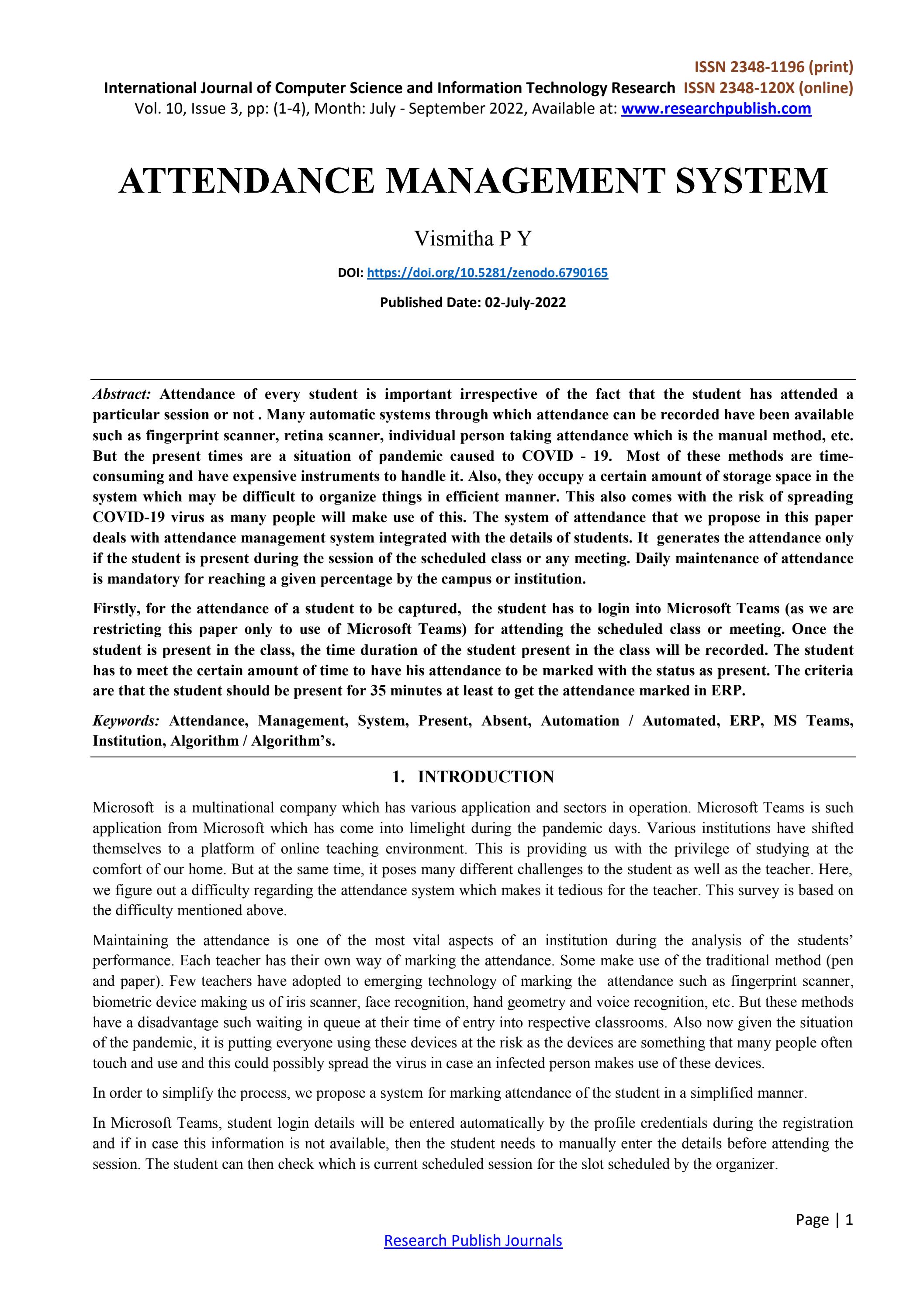 ATTENDANCE MANAGEMENT SYSTEM by Research Publish Journals - Issuu