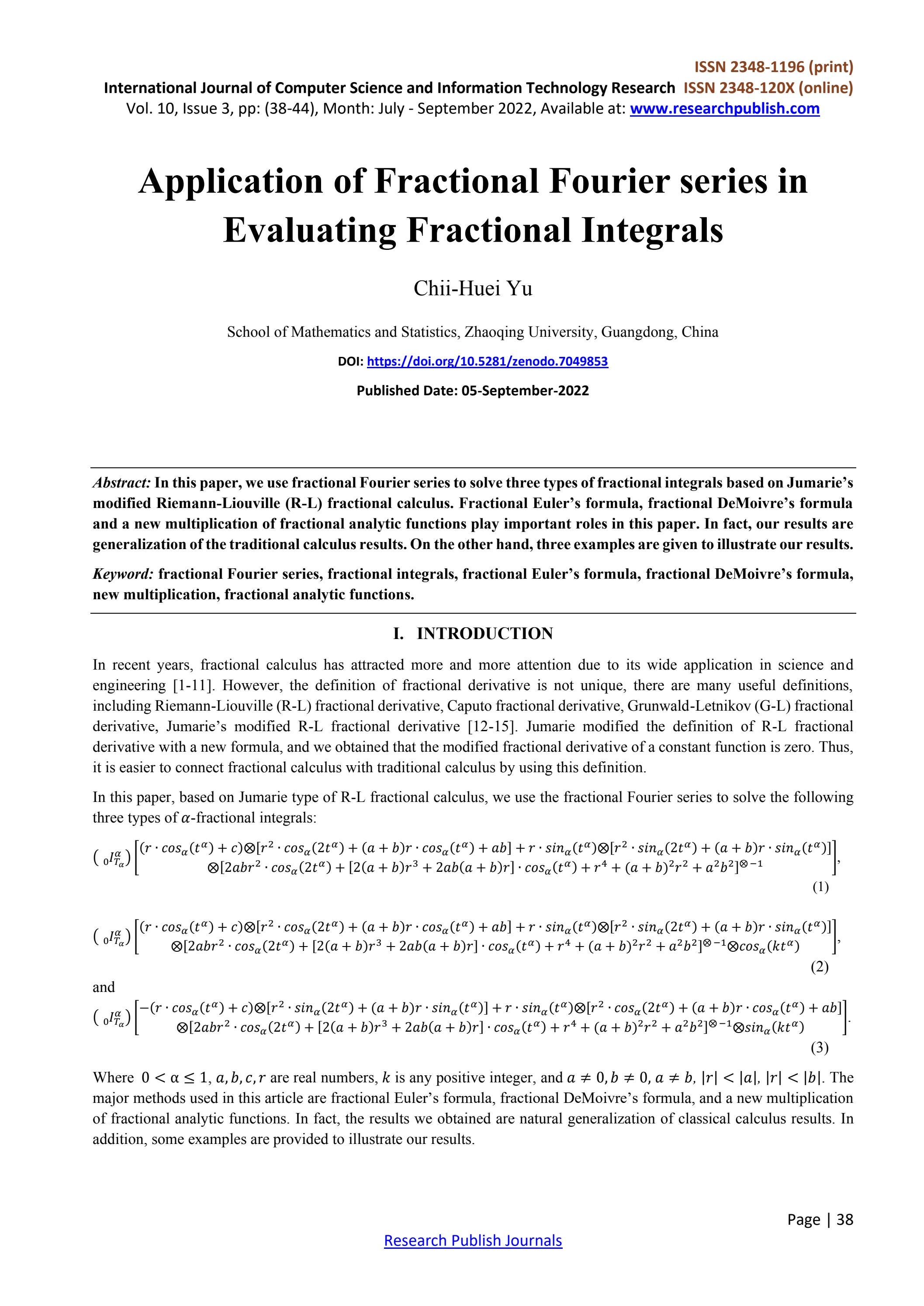 Application Of Fractional Fourier Series In Evaluating Fractional Integrals By Research Publish