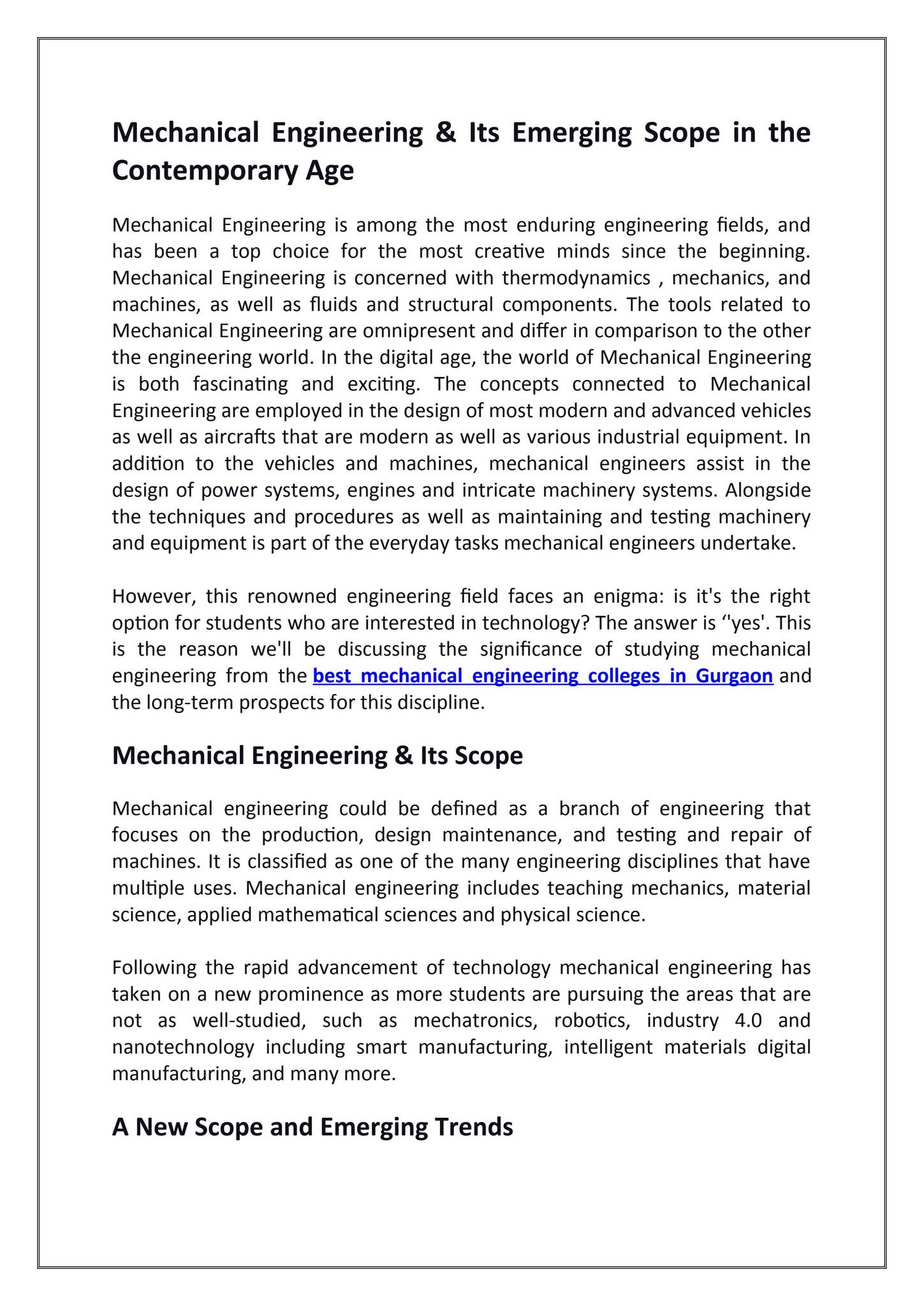 Mechanical Engineering & Its Emerging Scope in the Contemporary Age by ...