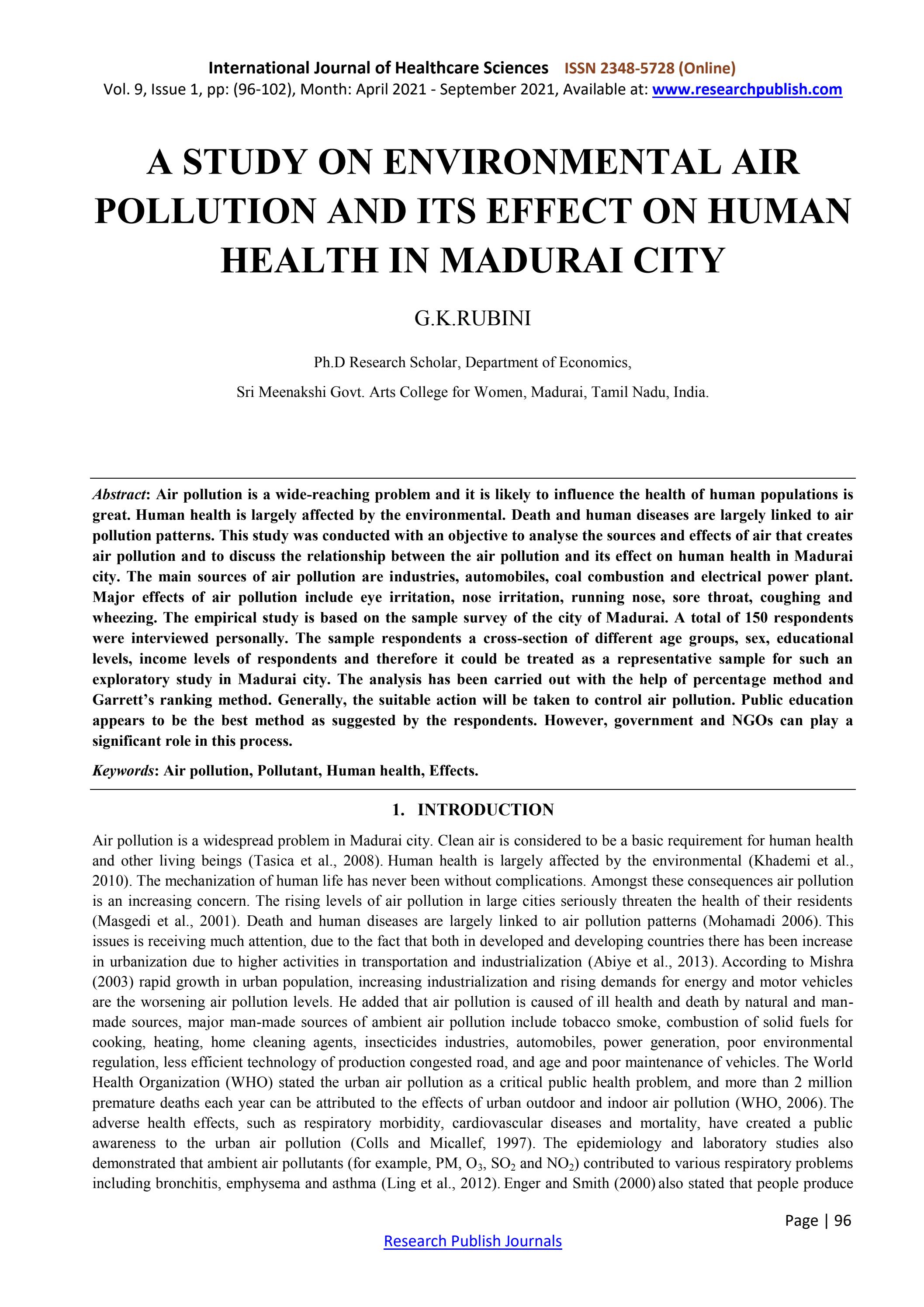 A STUDY ON ENVIRONMENTAL AIR POLLUTION AND ITS EFFECT ON HUMAN HEALTH ...