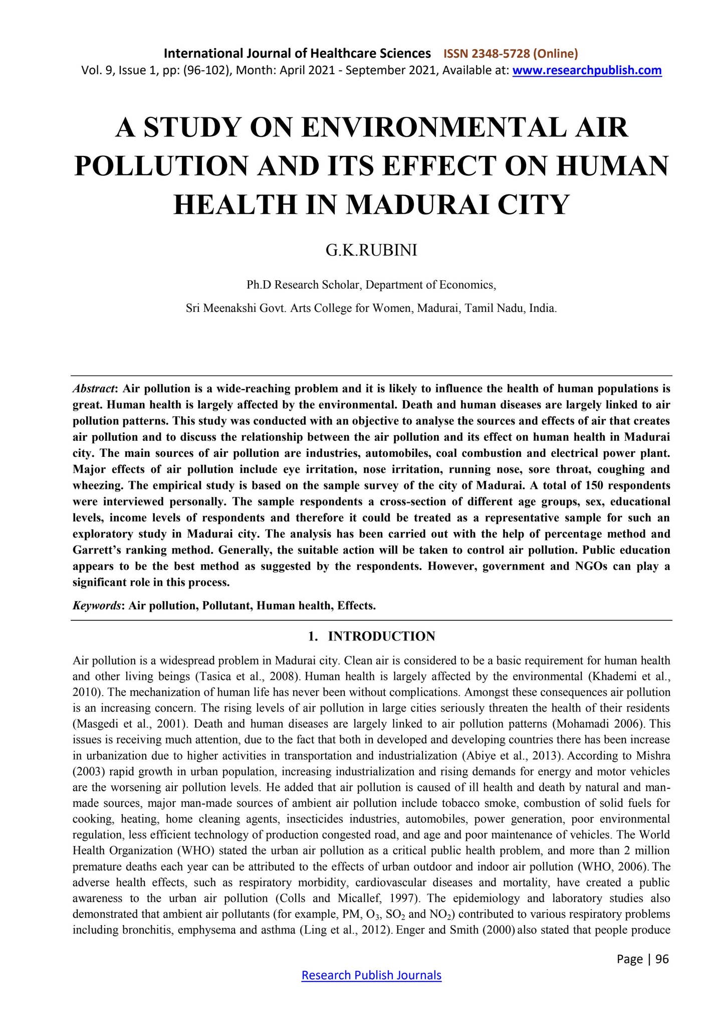 A STUDY ON ENVIRONMENTAL AIR POLLUTION AND ITS EFFECT ON HUMAN HEALTH ...