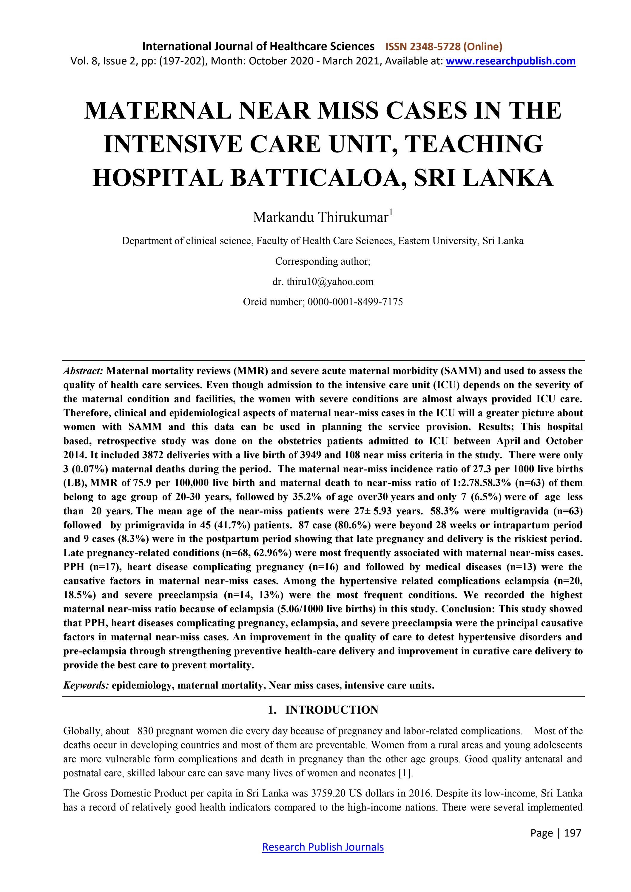 MATERNAL NEAR MISS CASES IN THE INTENSIVE CARE UNIT, TEACHING HOSPITAL ...