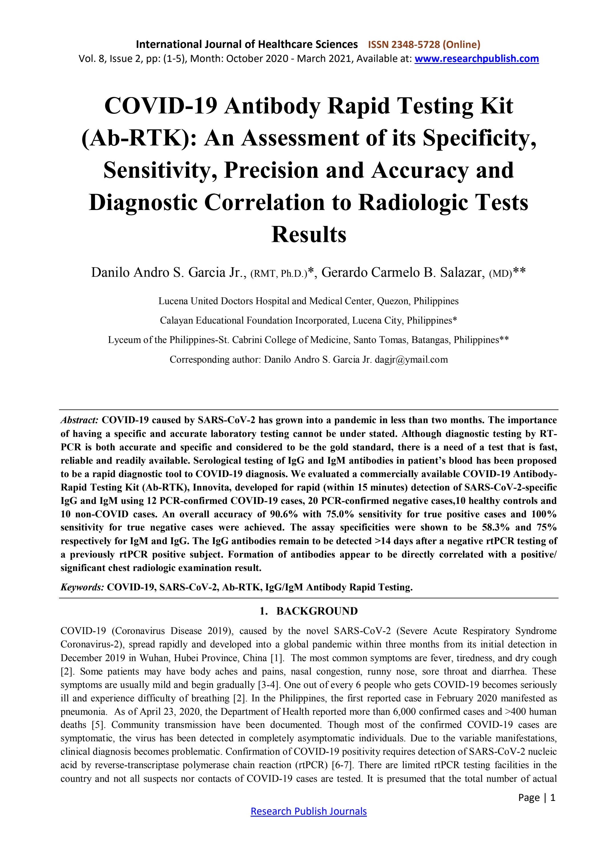 COVID-19 Antibody Rapid Testing Kit (Ab-RTK): An Assessment of its ...