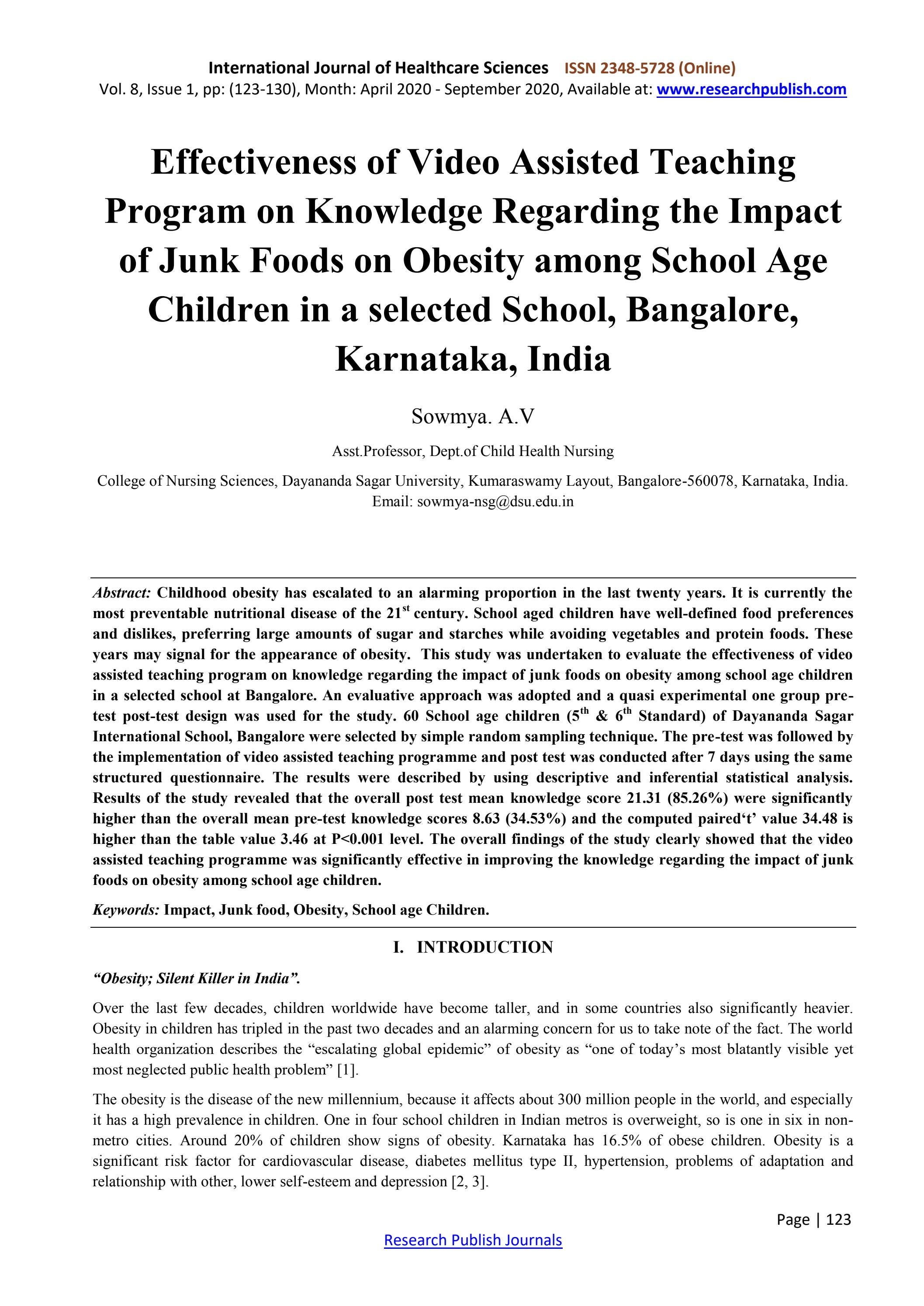 Effectiveness of Video Assisted Teaching Program on Knowledge Regarding ...