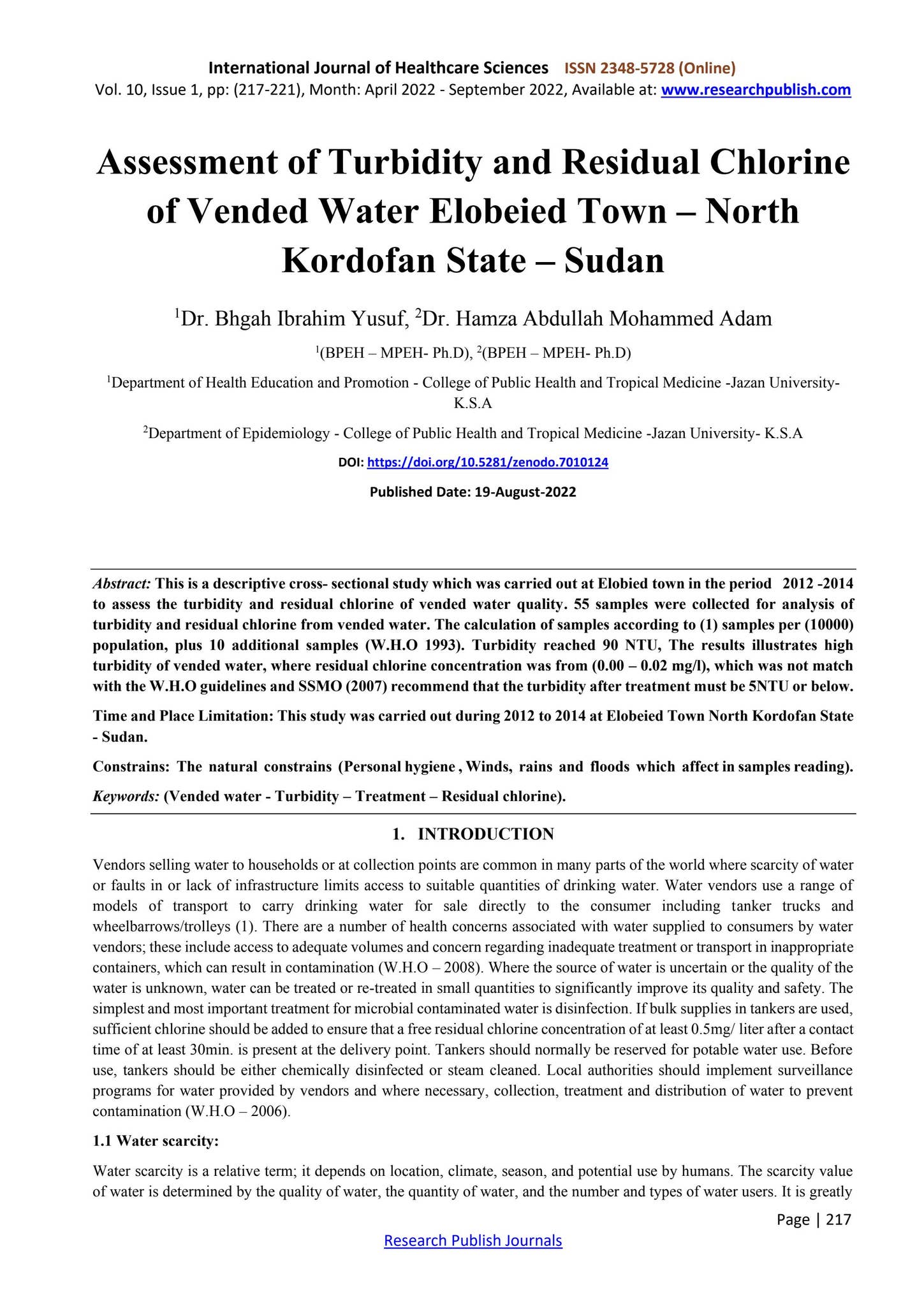 Assessment of Turbidity and Residual Chlorine of Vended Water Elobeied ...