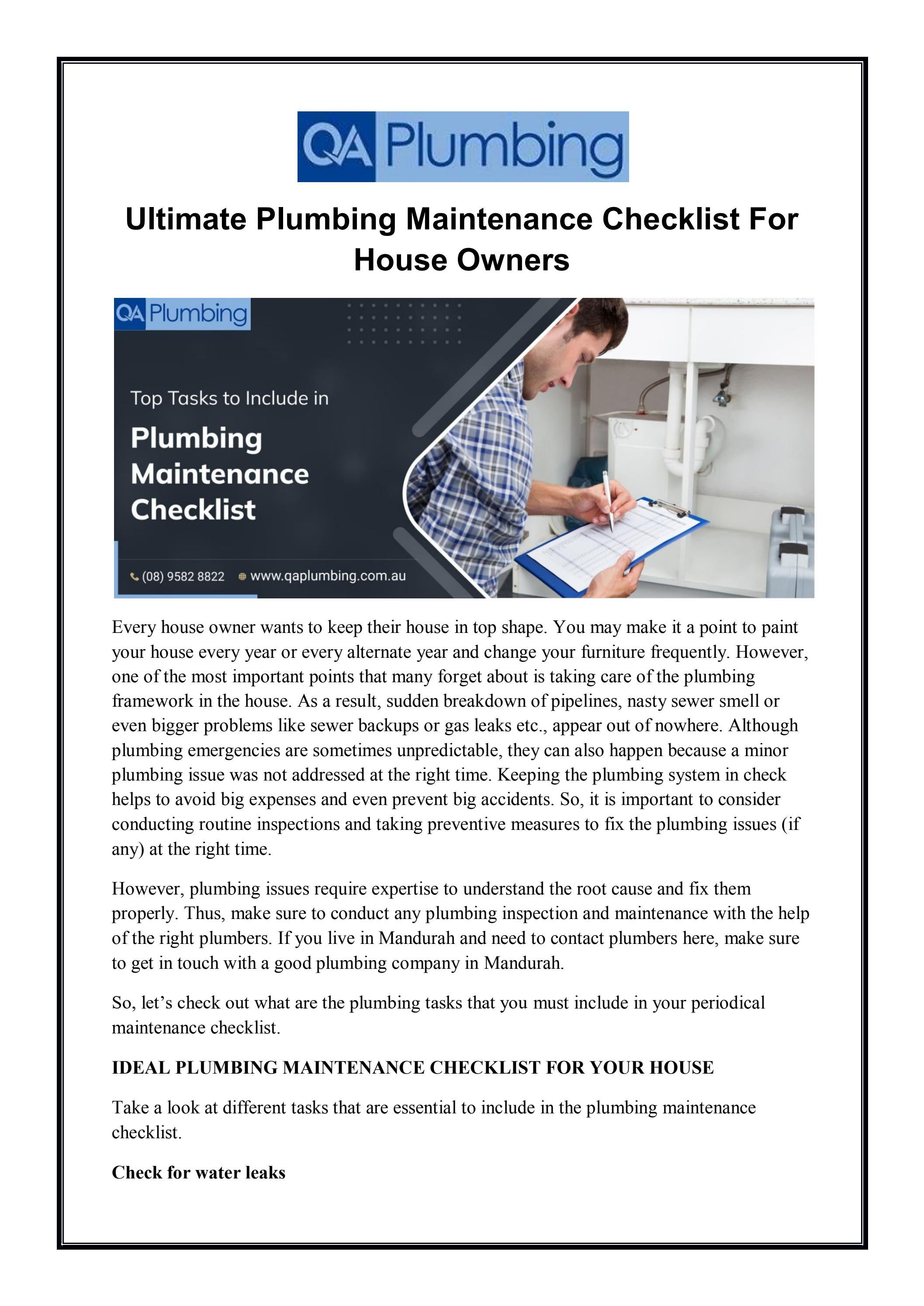 Ultimate Plumbing Maintenance Checklist for House Owners by QA Plumbing ...