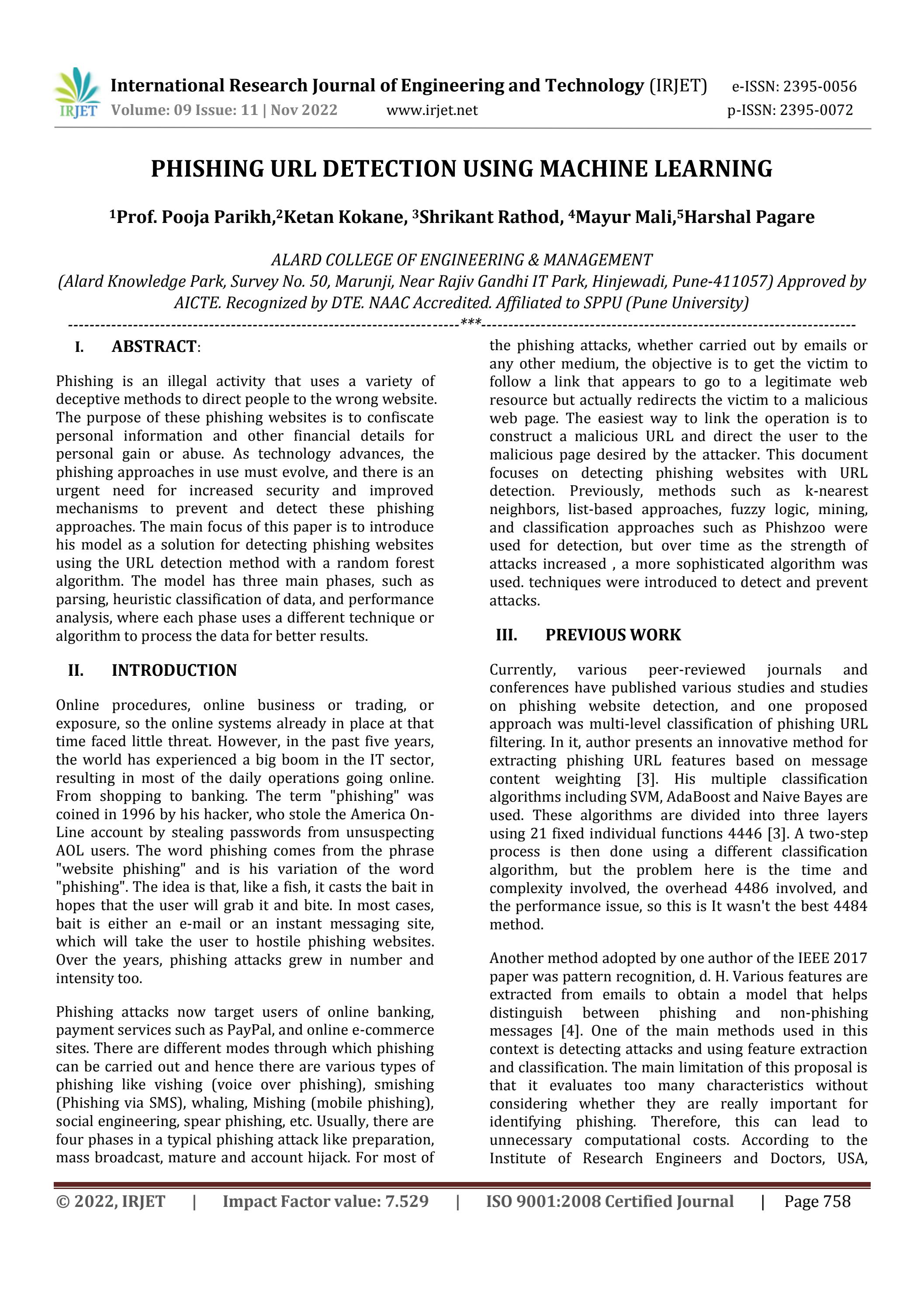 PHISHING URL DETECTION USING MACHINE LEARNING by IRJET Journal - Issuu