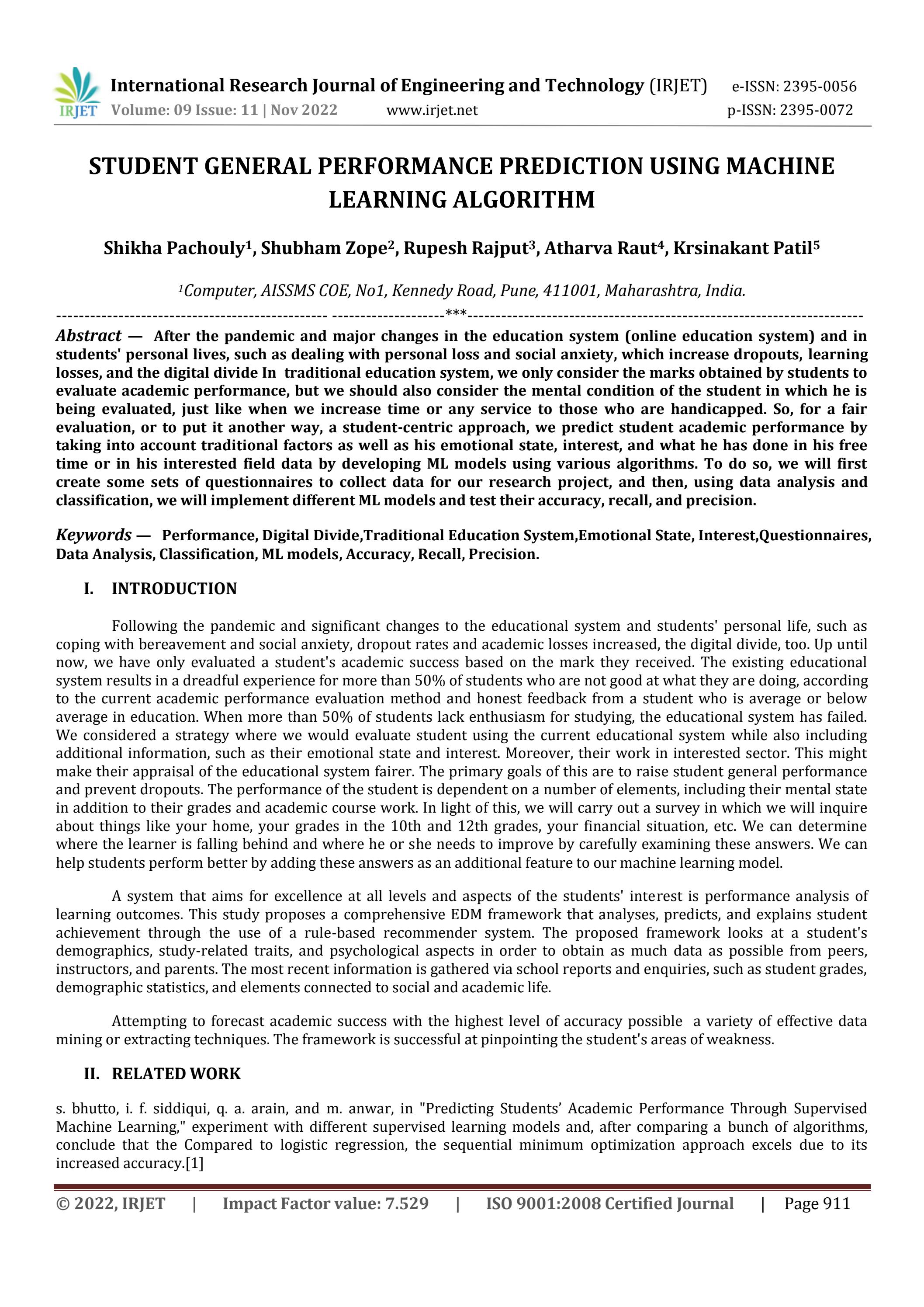 STUDENT GENERAL PERFORMANCE PREDICTION USING MACHINE LEARNING ALGORITHM by IRJET Journal - Issuu