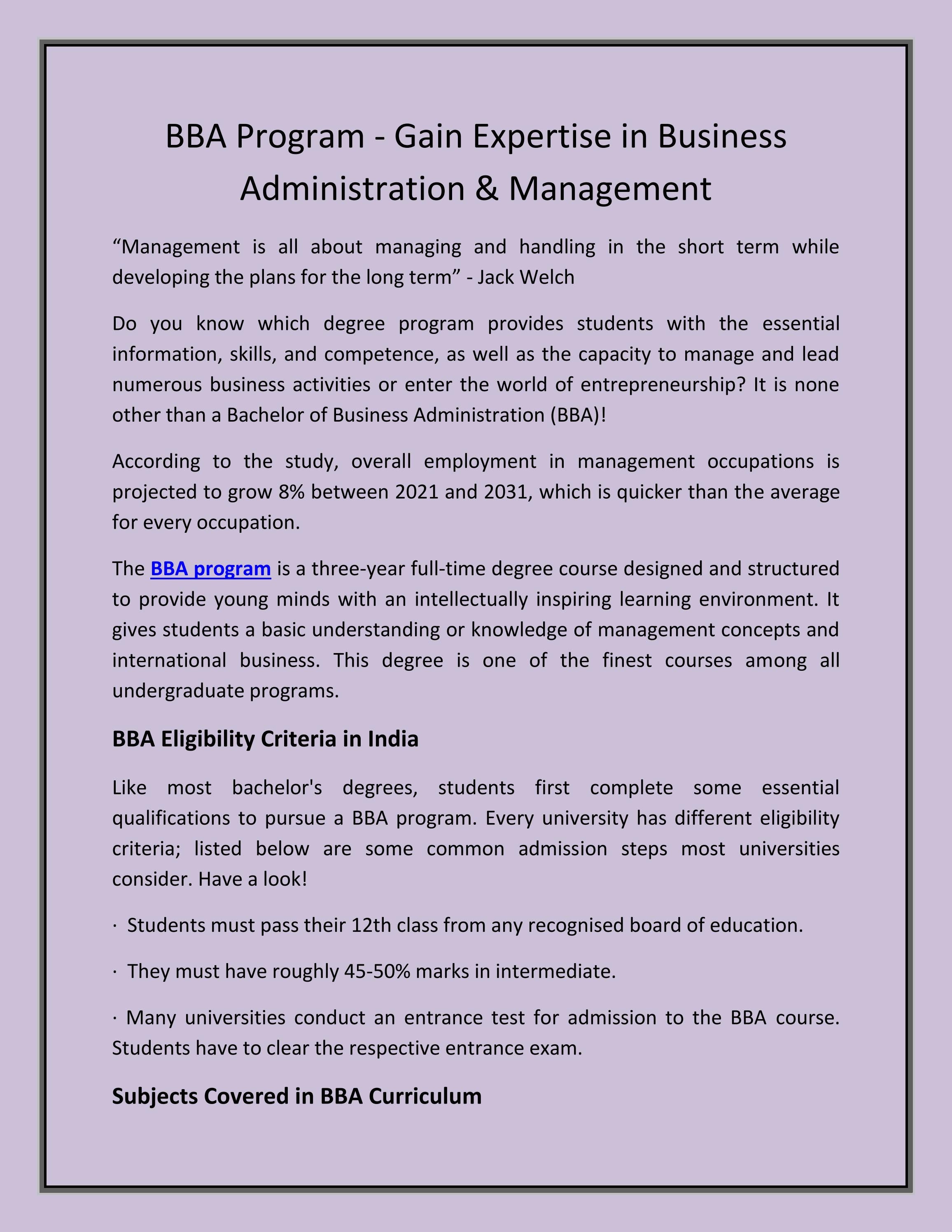 BBA Program - Gain Expertise in Business Administration & Management by ...