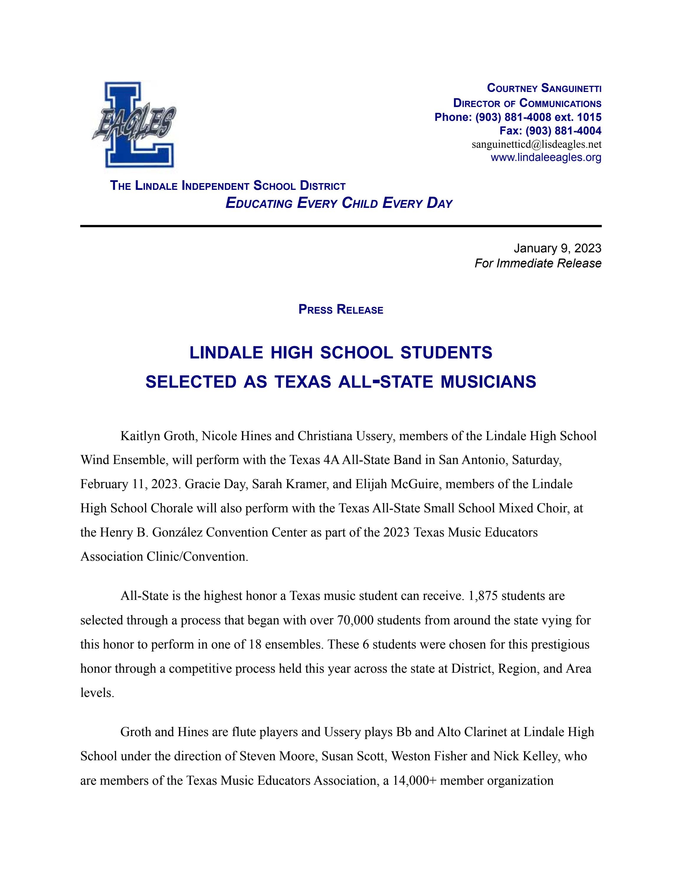 Lindale High School Students Selected as Texas All-State Musicians by ...