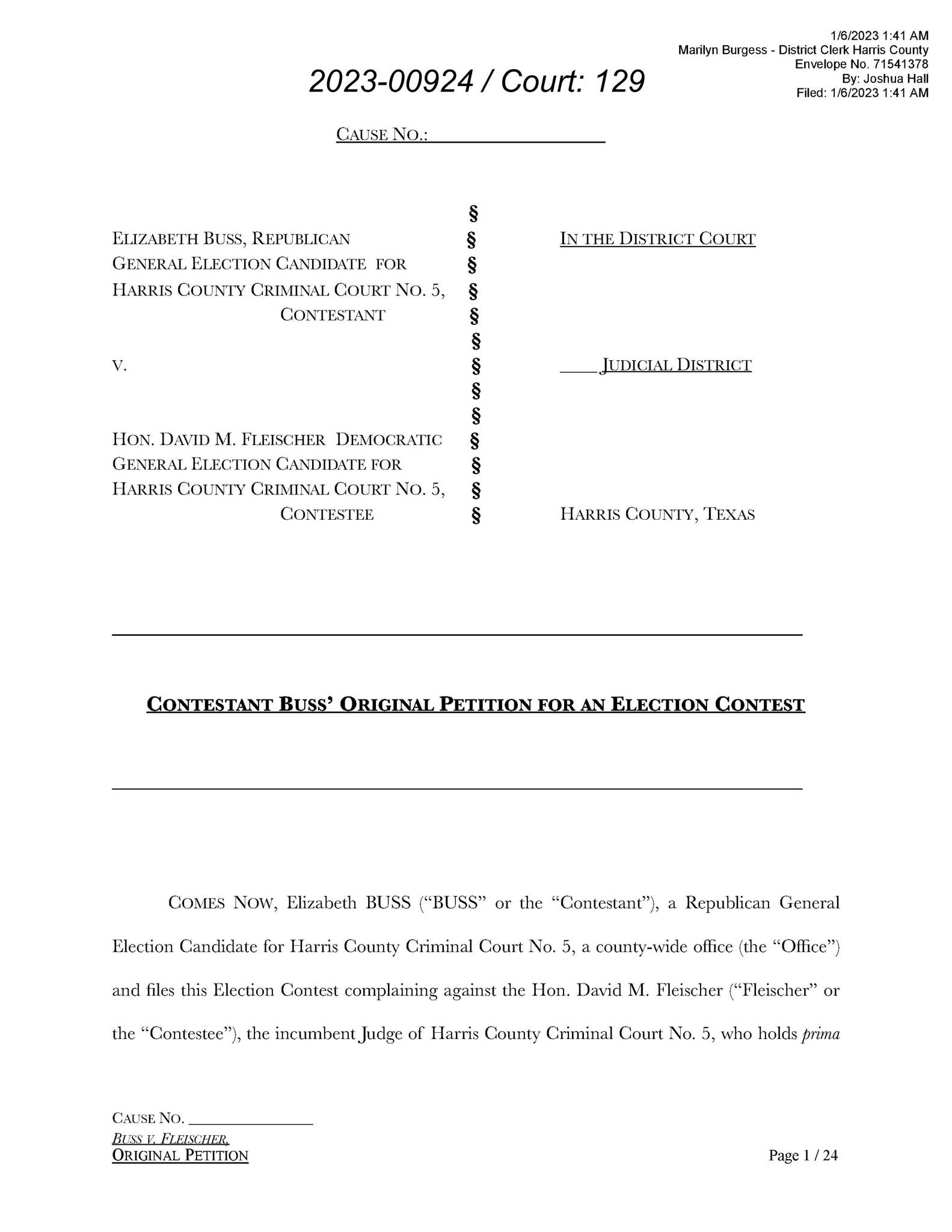 Elizabeth Buss files Lawsuit Against Judge David Fleischer - 2022 ...