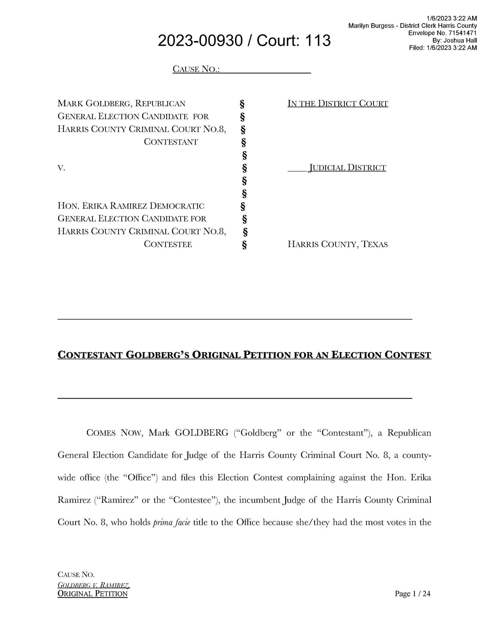 Mark Goldberg files Lawsuit Against Judge Erika Ramirez - 2022 Midterm ...