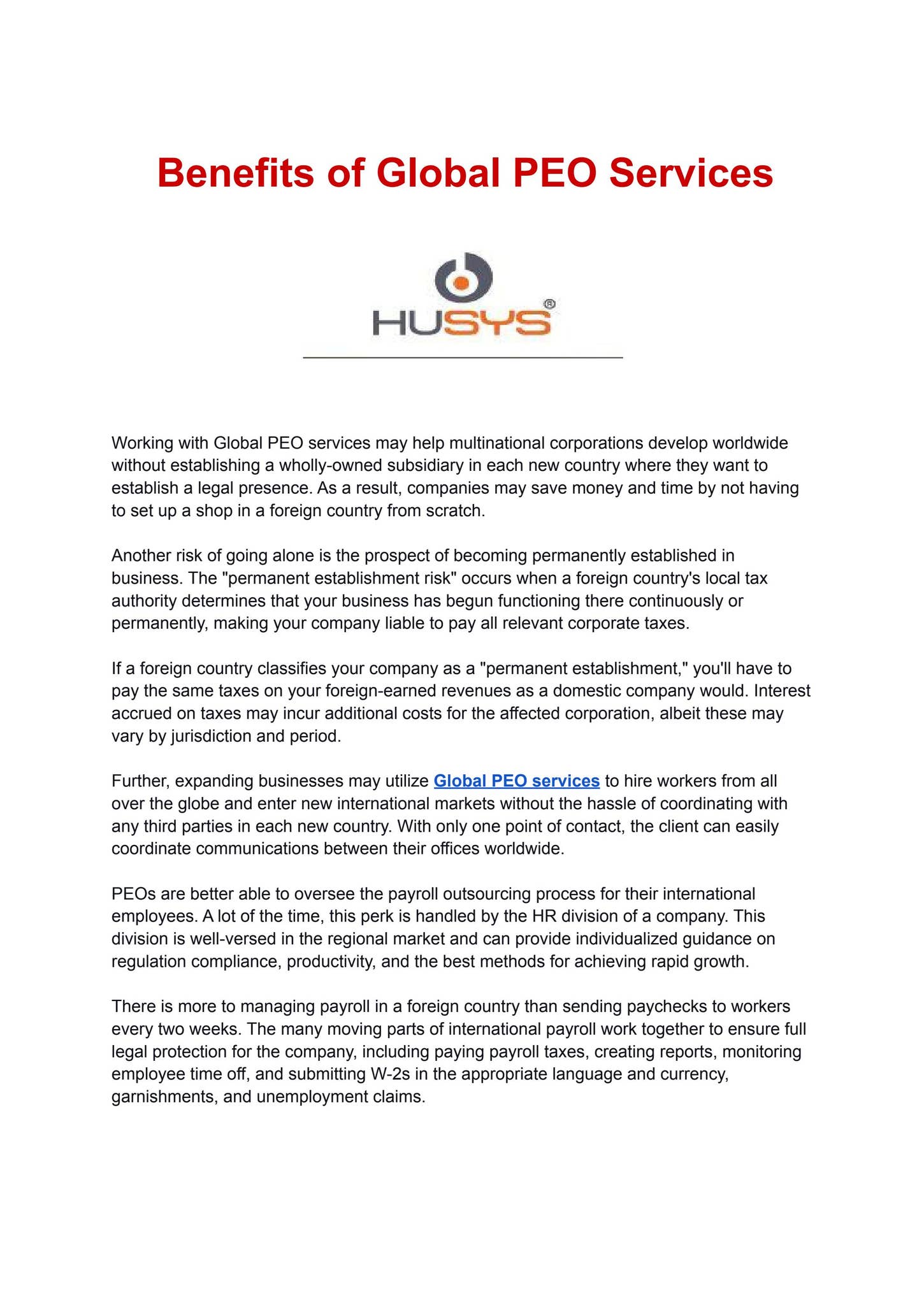 Benefits of Global PEO Services by Husys Consulting Limited - Issuu