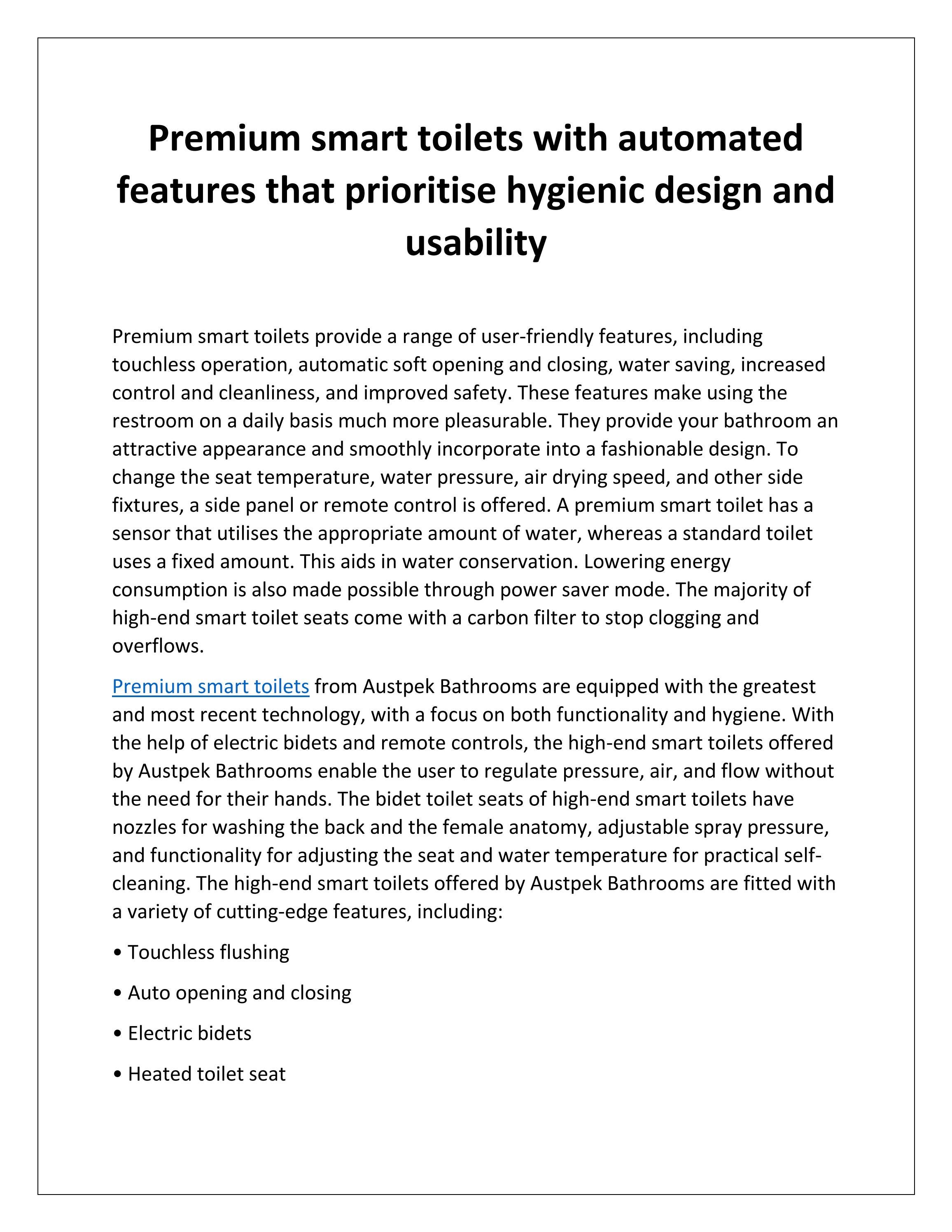 Premium smart toilets with automated features that prioritise hygienic ...