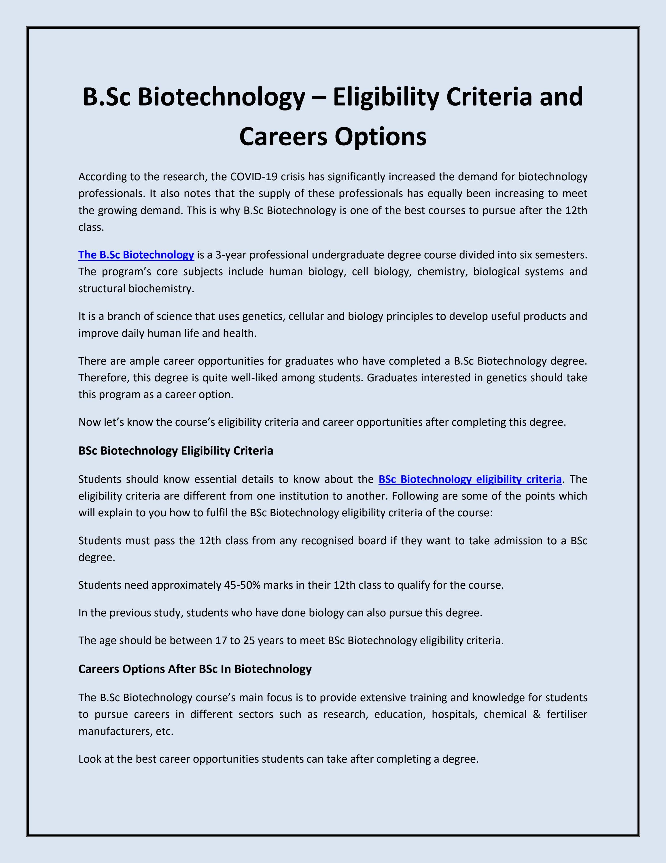 B.Sc Biotechnology - Eligibility Criteria and Careers Options by Shiv Nadar IoE - Issuu