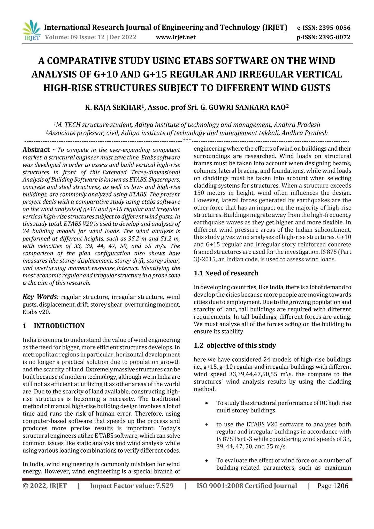 A COMPARATIVE STUDY USING ETABS SOFTWARE ON THE WIND ANALYSIS OF G+10 ...