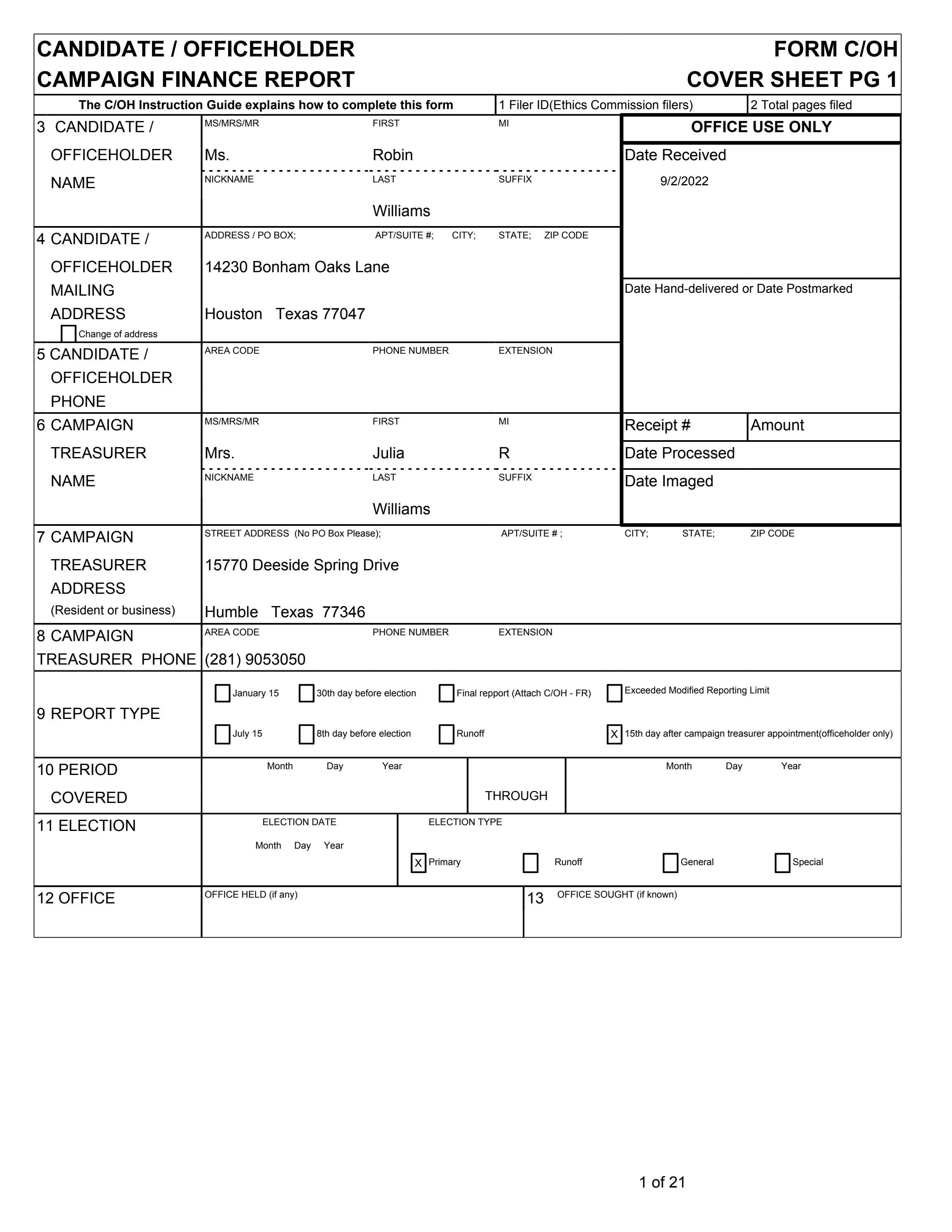 Robin Williams for Mayor Campaign Finance Report - Filed September 2 ...