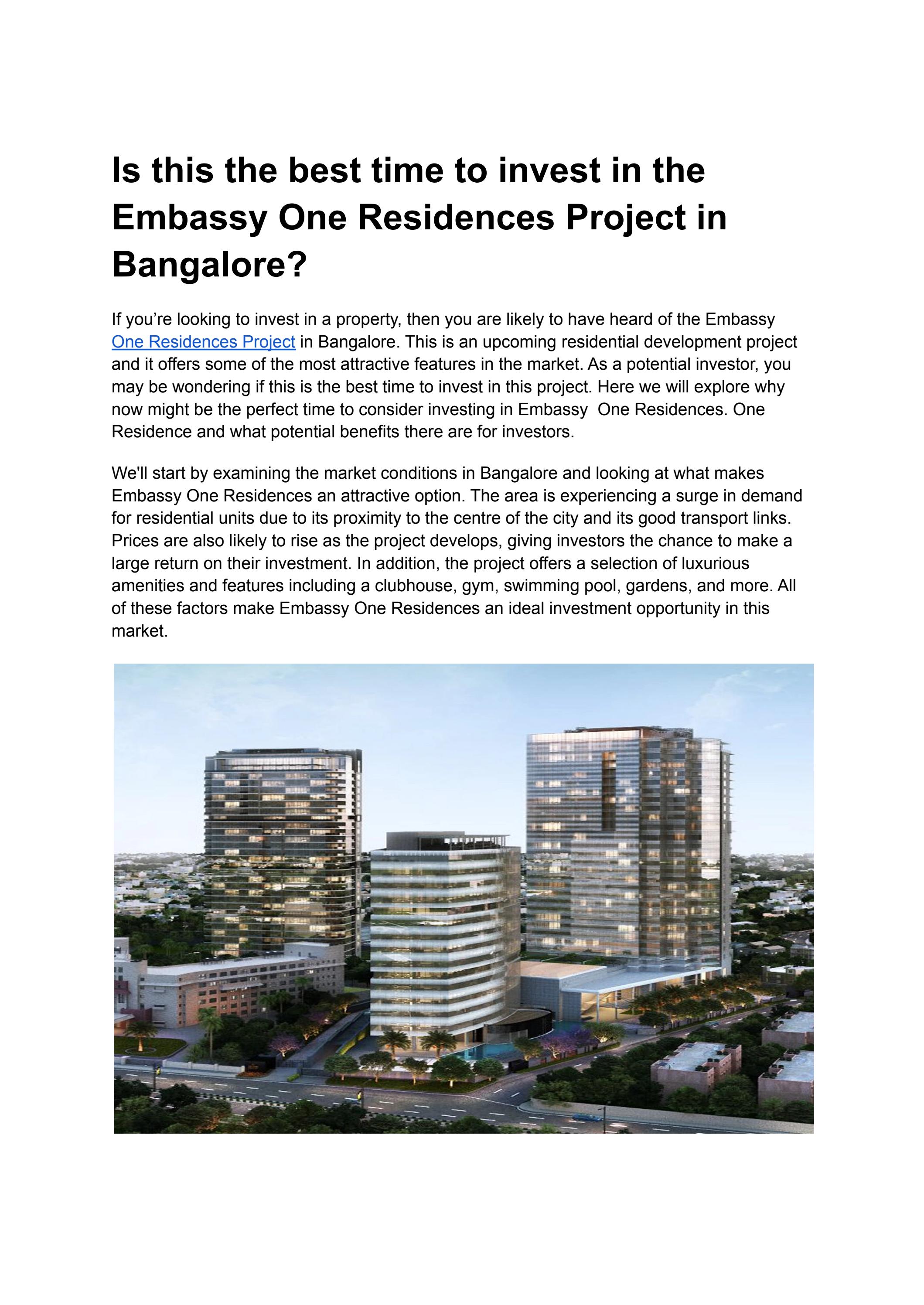 Is this the best time to invest in the Embassy One Residences Project ...
