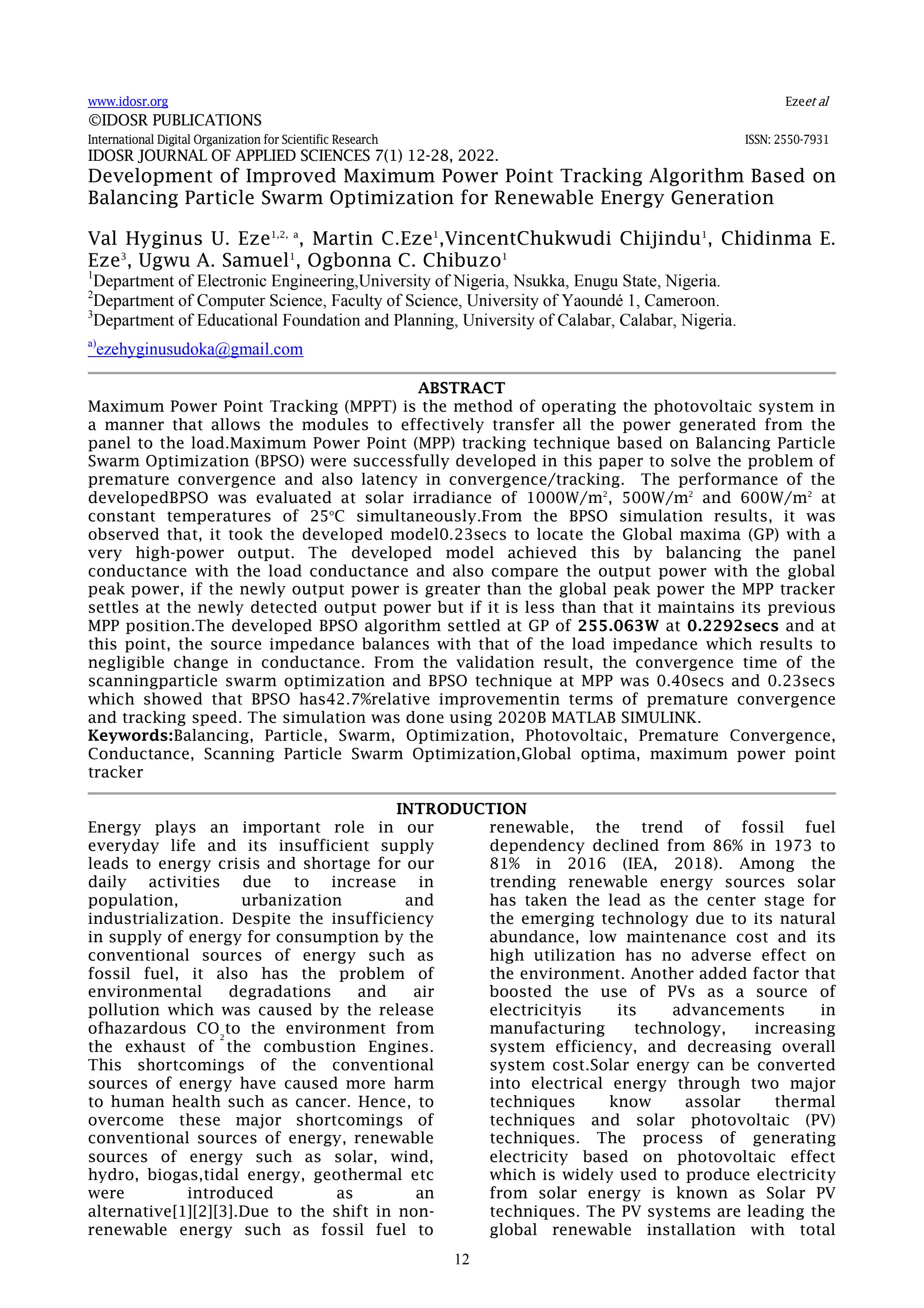 Development Of Improved Maximum Power Point Tracking Algorithm Based On Balancing Particle Swarm