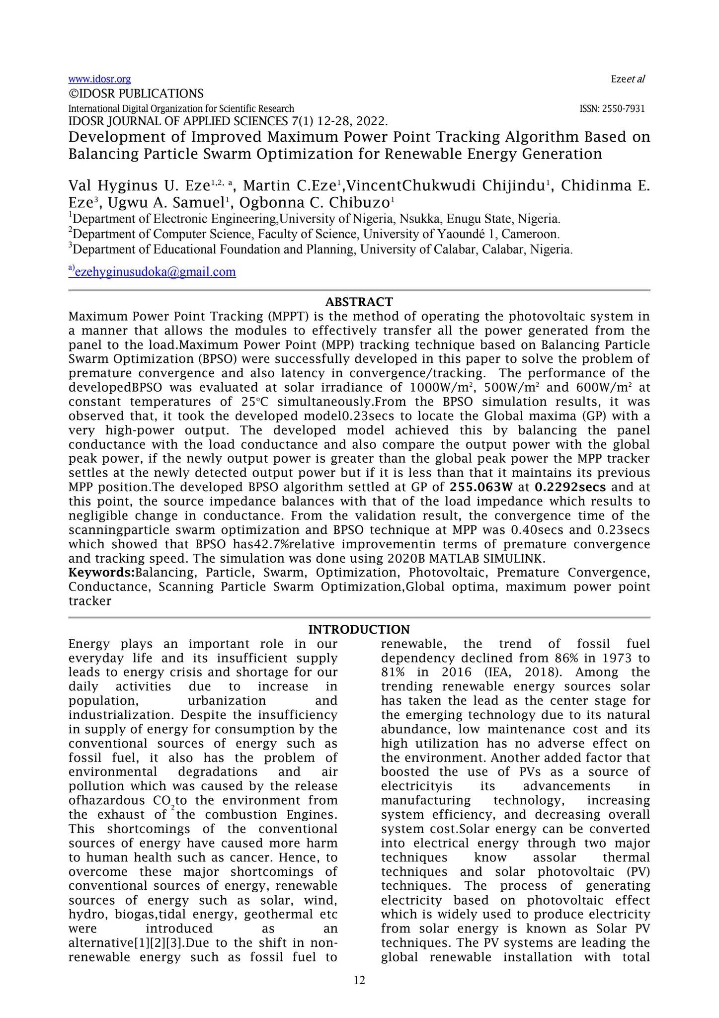 Development of Improved Maximum Power Point Tracking Algorithm Based on Balancing Particle Swarm ...