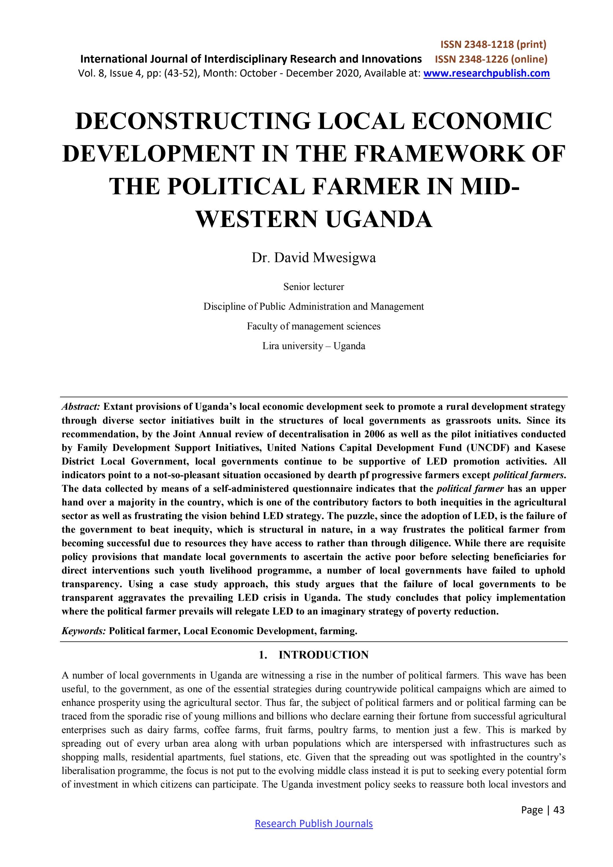 DECONSTRUCTING LOCAL ECONOMIC DEVELOPMENT IN THE FRAMEWORK OF THE POLITICAL FARMER IN MID ...