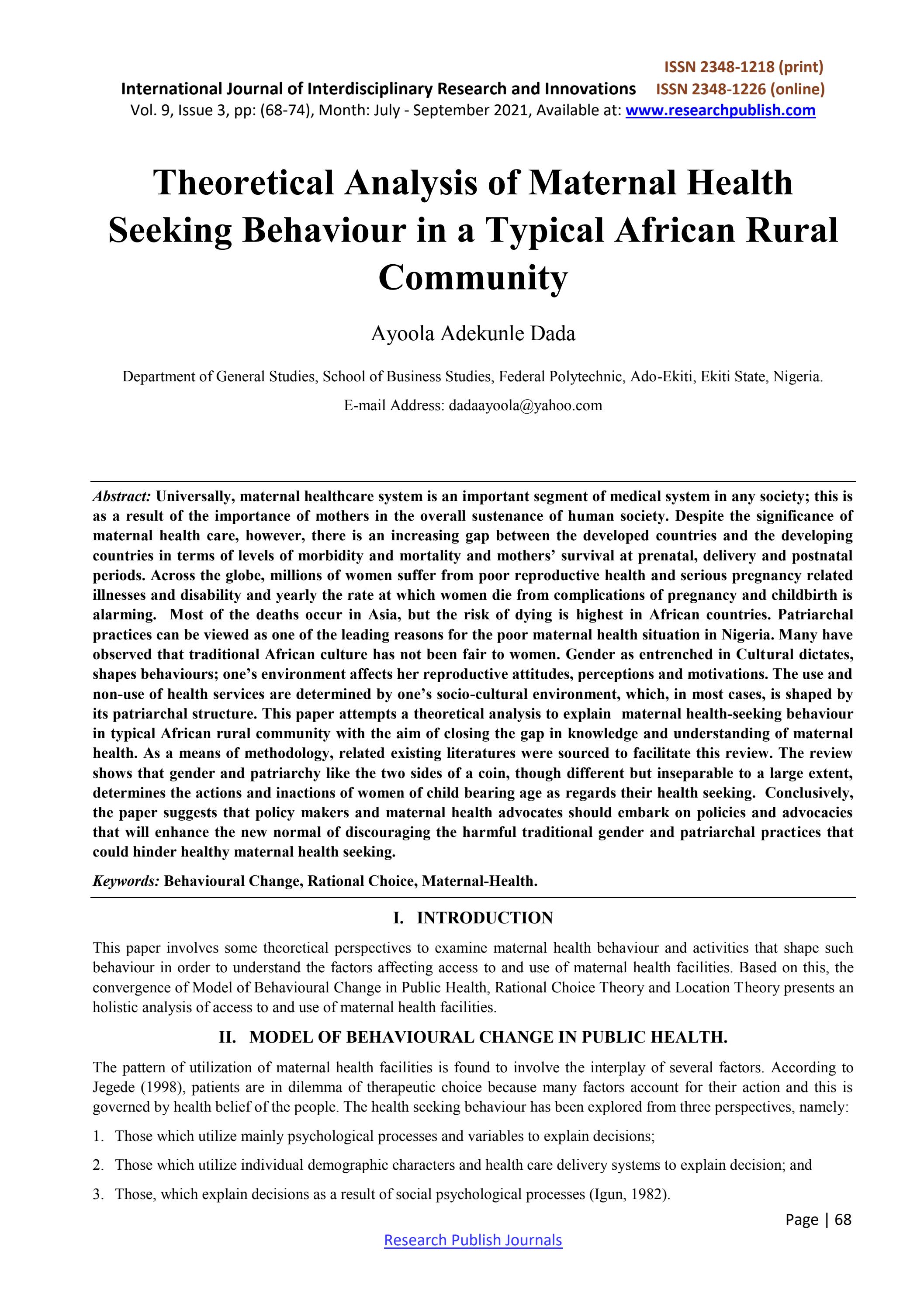 Theoretical Analysis of Maternal Health Seeking Behaviour in a Typical ...