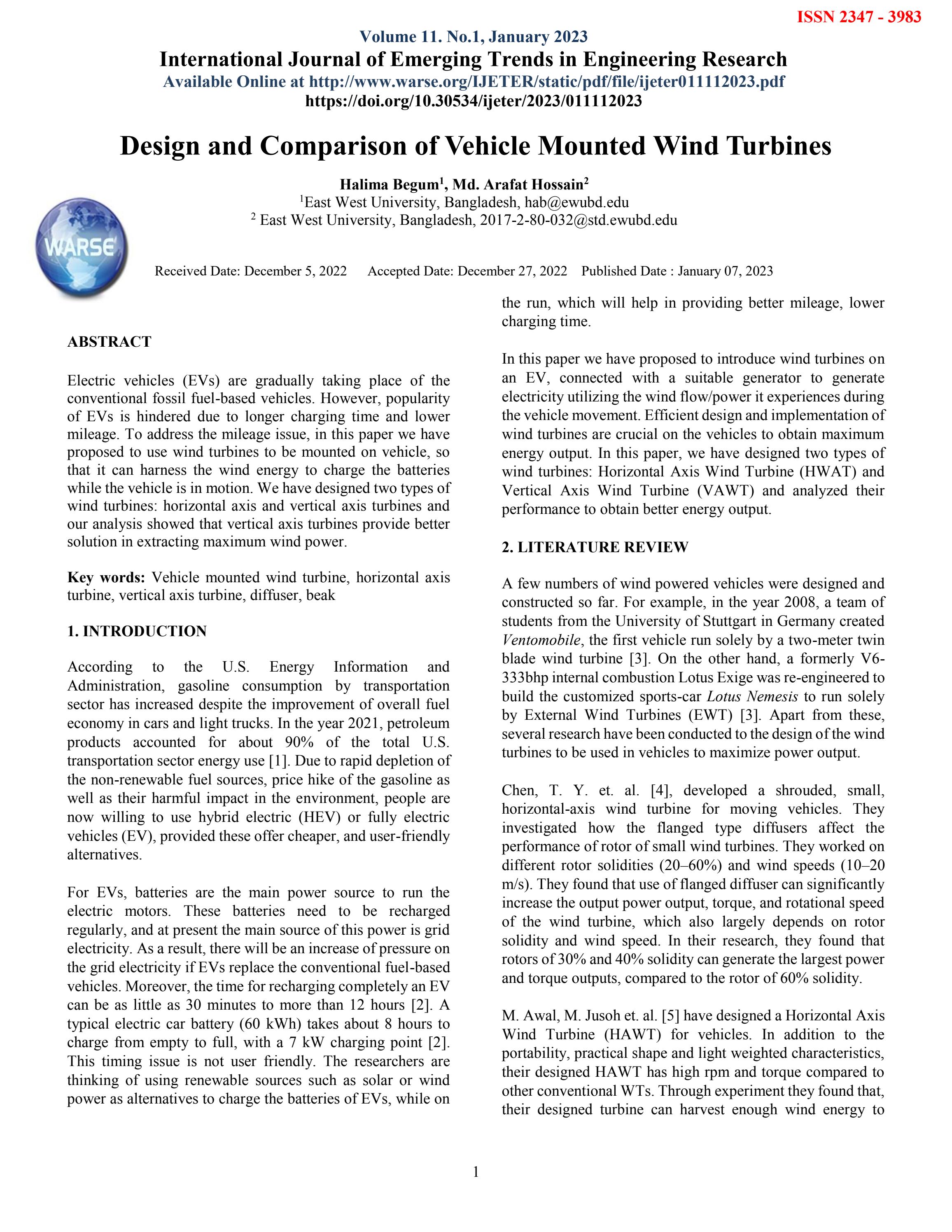 Design and Comparison of Vehicle Mounted Wind Turbines by The World ...