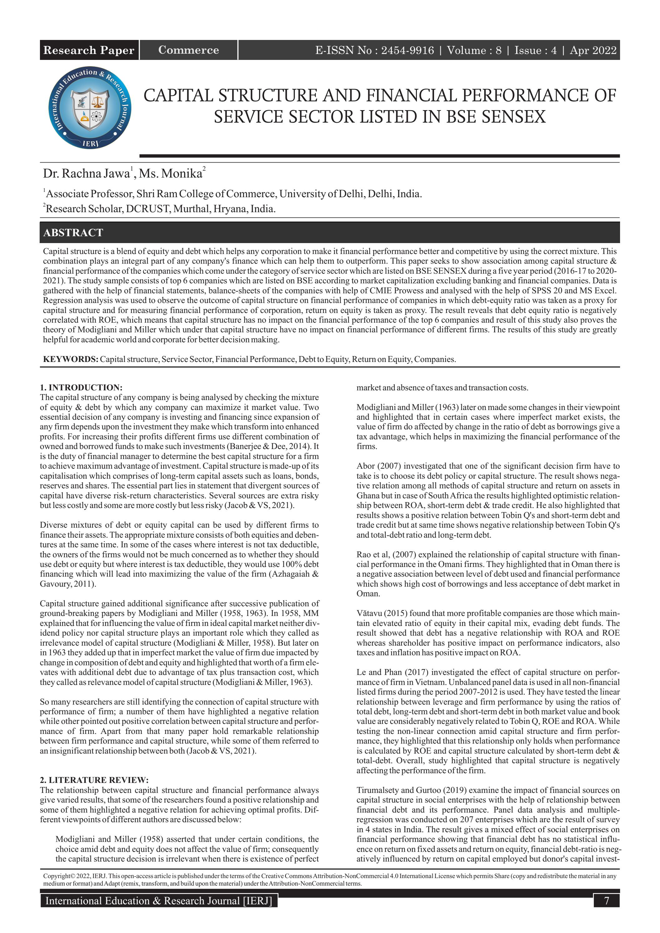 CAPITAL STRUCTURE AND FINANCIAL PERFORMANCE OF SERVICE SECTOR LISTED IN ...