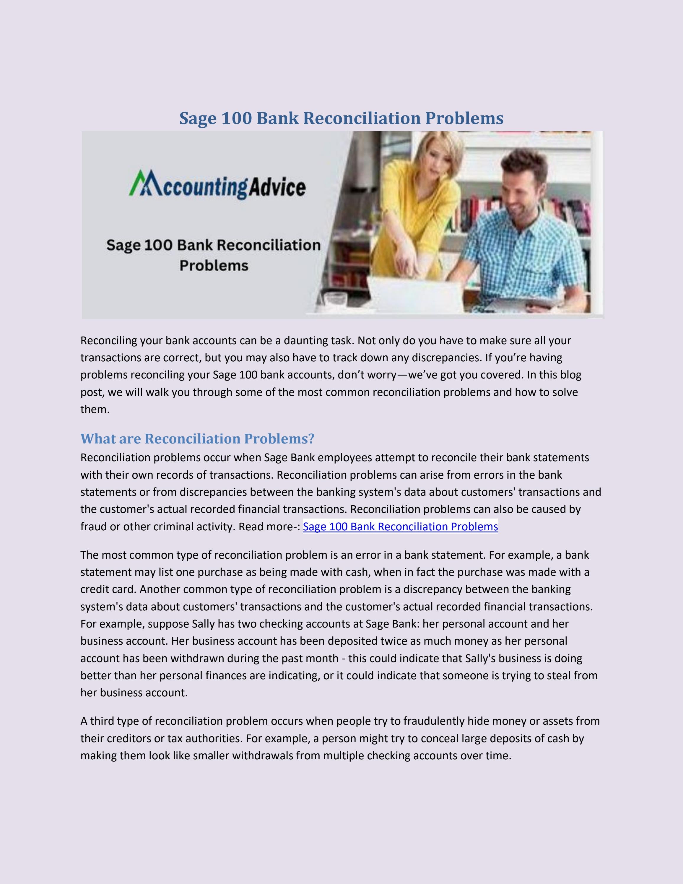 Steps : Sage 100 Bank Reconciliation Problems by accounting advice - Issuu