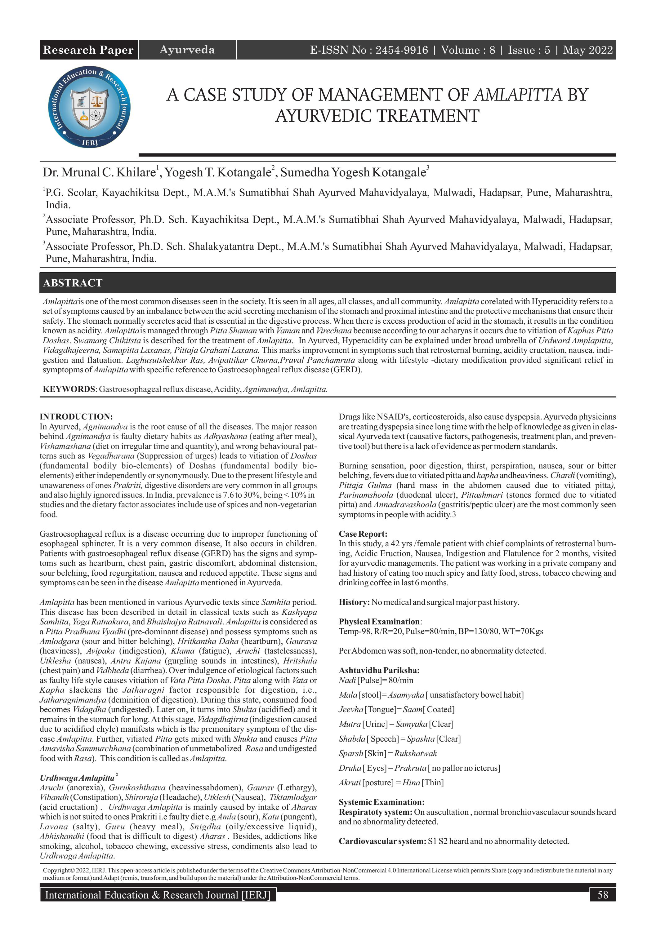 A CASE STUDY OF MANAGEMENT OF AMLAPITTA BY AYURVEDIC TREATMENT by International Education and ...