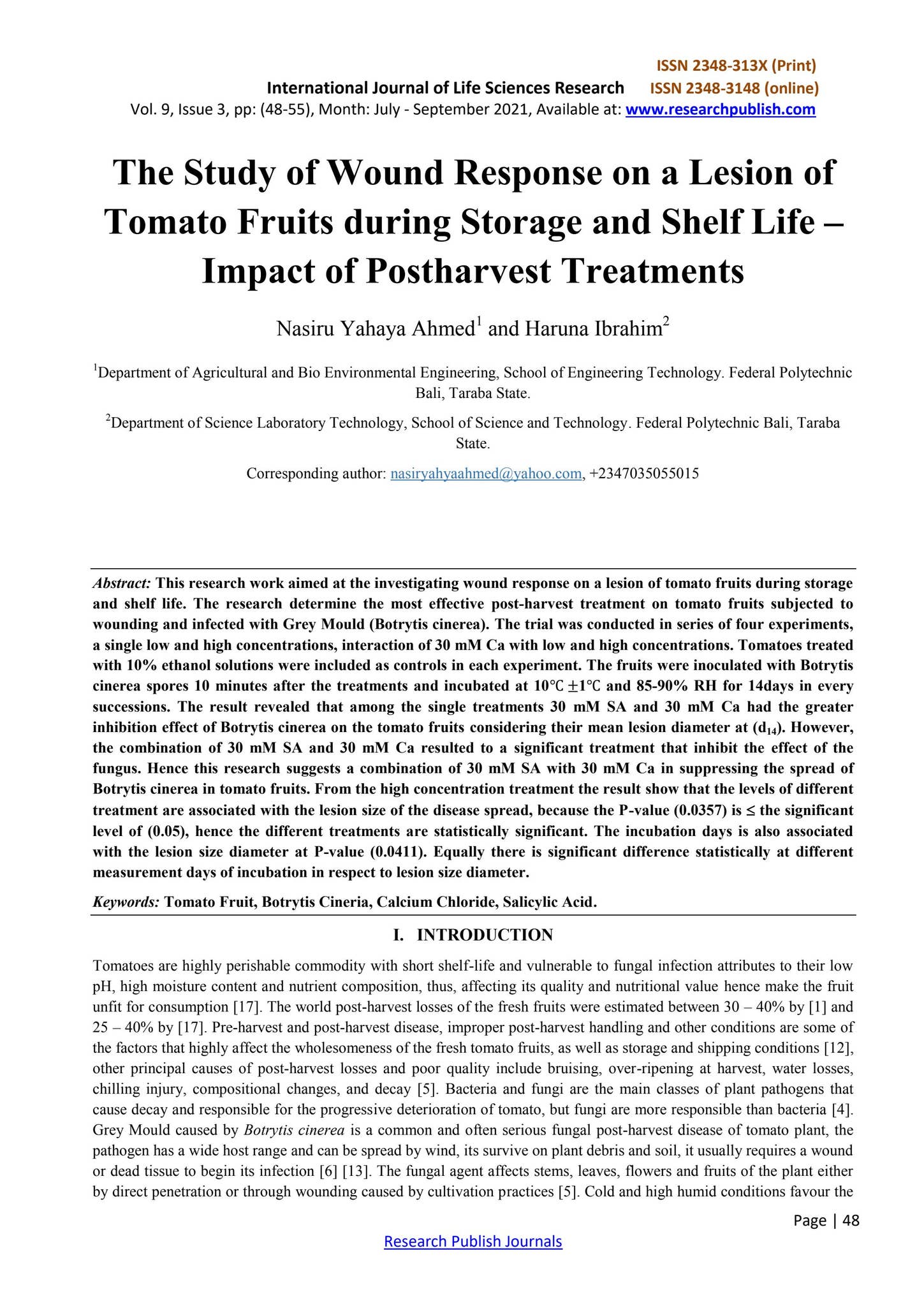 The Study of Wound Response on a Lesion of Tomato Fruits during Storage ...