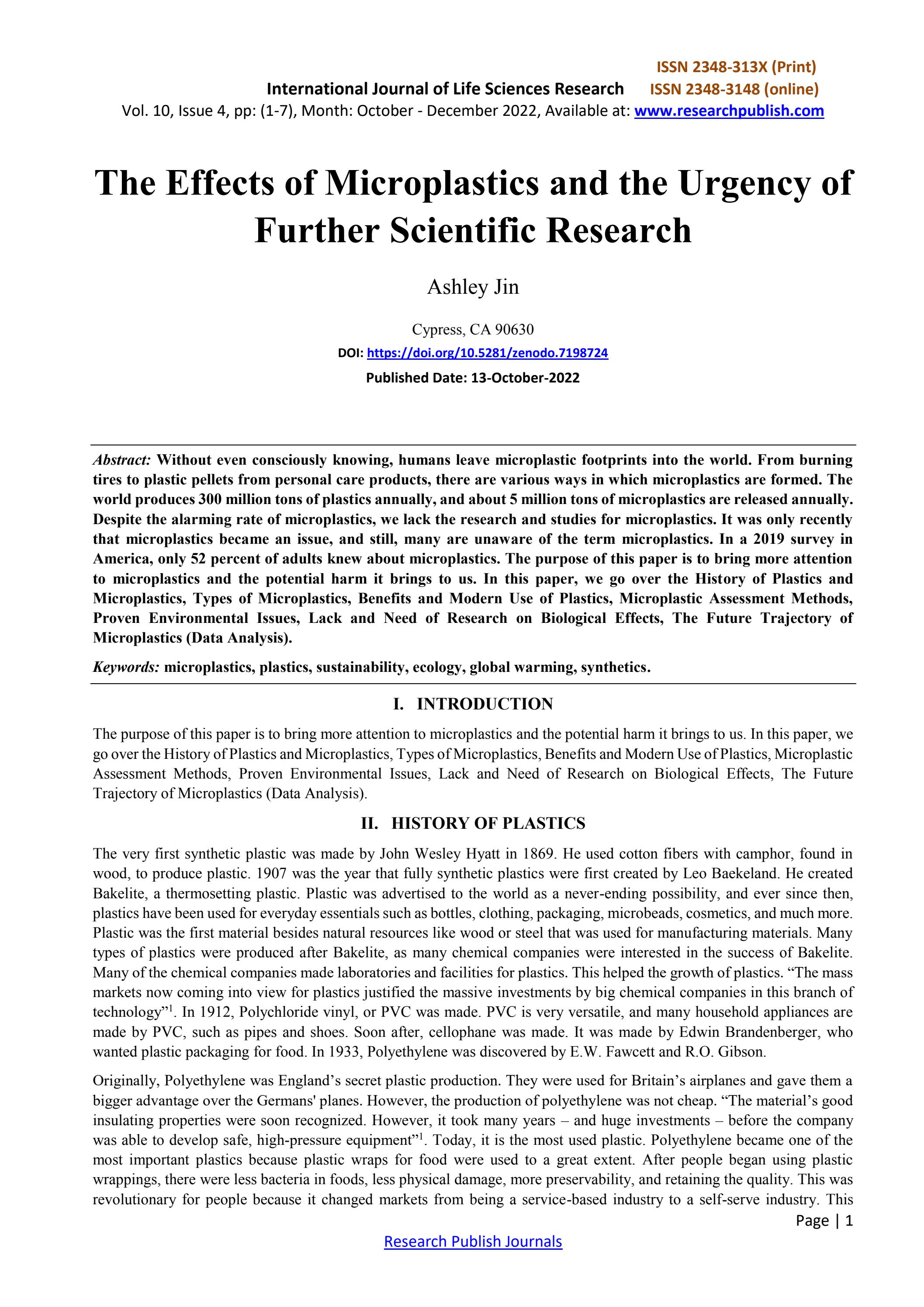 The Effects of Microplastics and the Urgency of Further Scientific ...