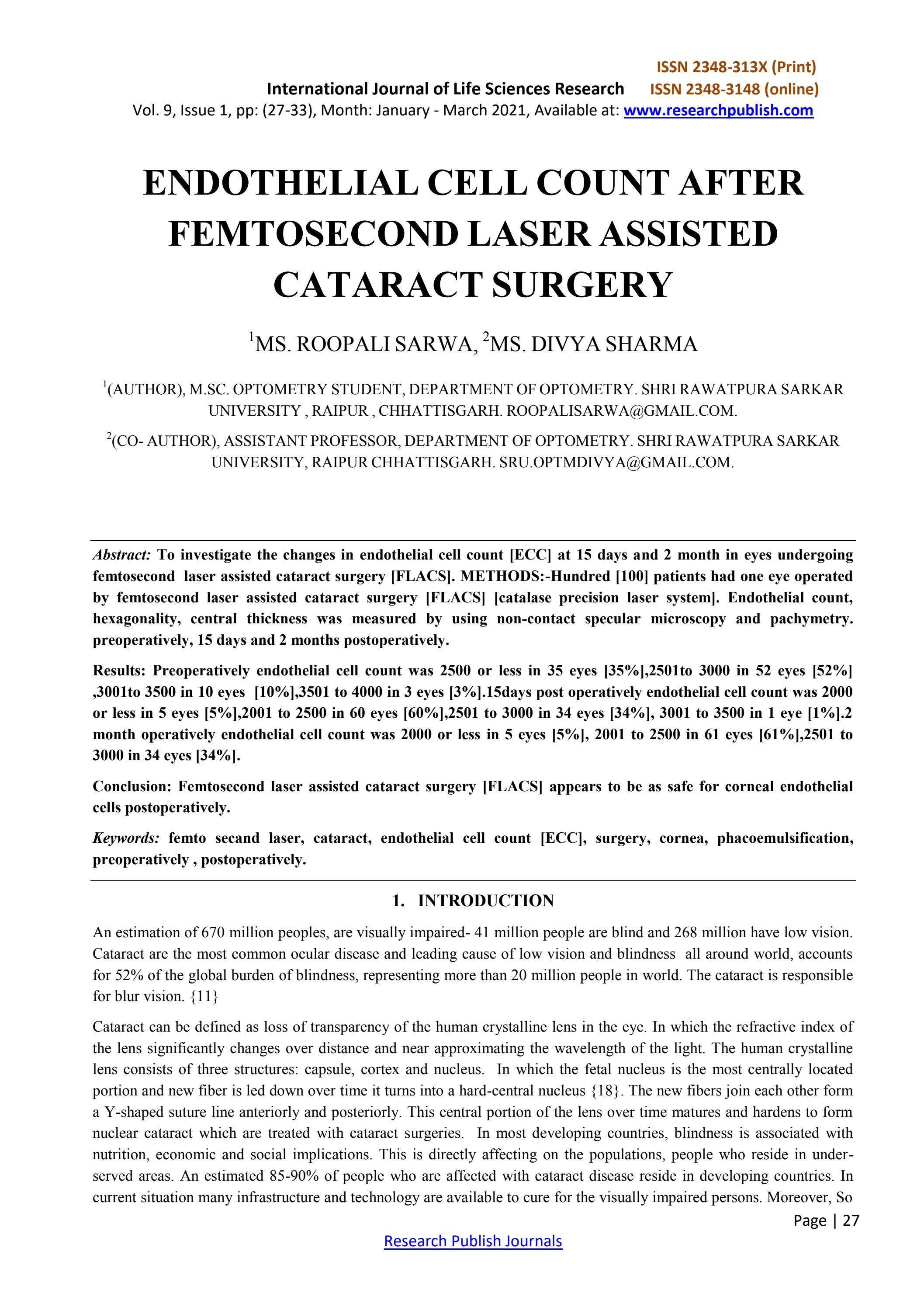 ENDOTHELIAL CELL COUNT AFTER FEMTOSECOND LASER ASSISTED CATARACT ...