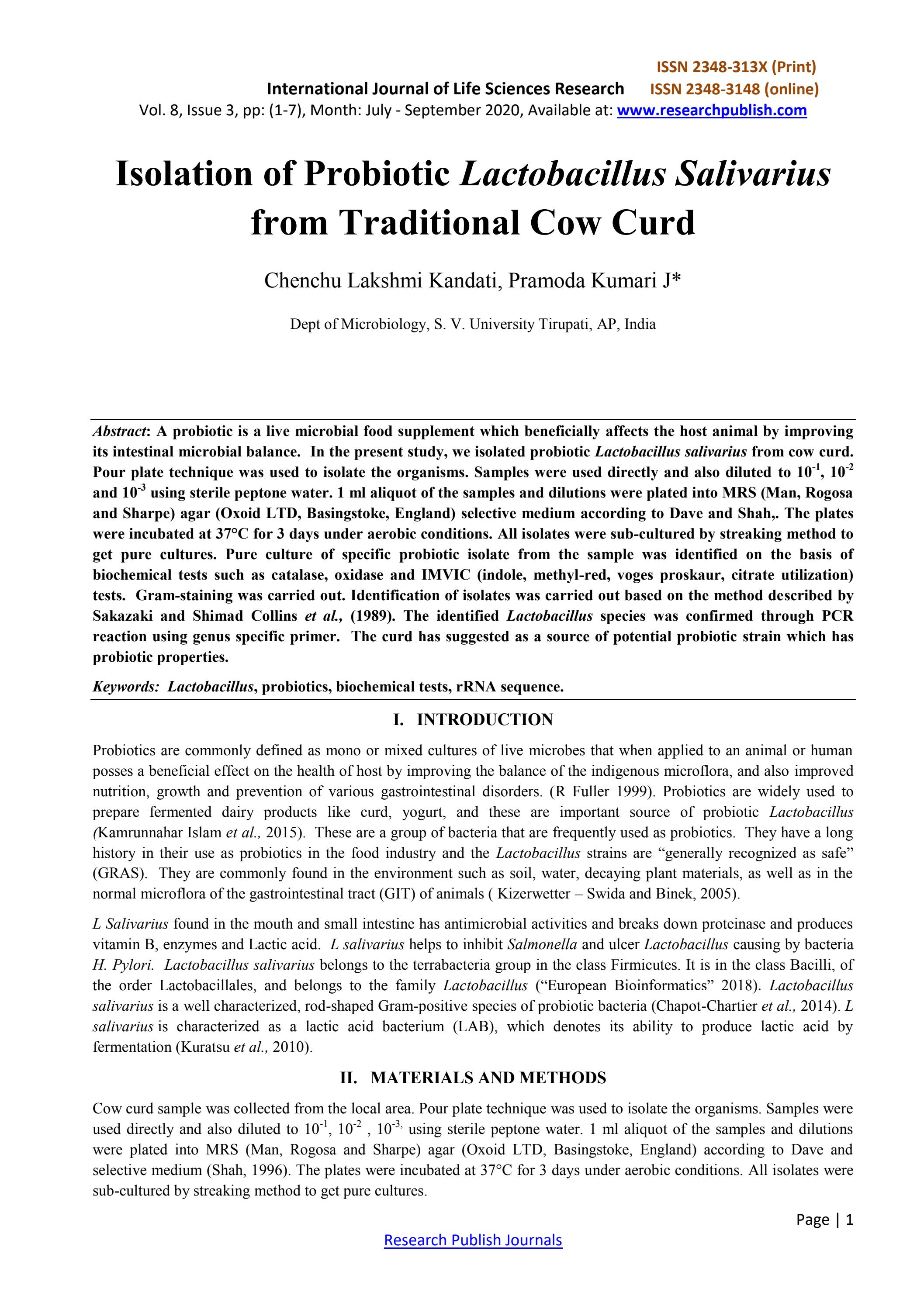 Isolation of Probiotic Lactobacillus Salivarius from Traditional Cow ...