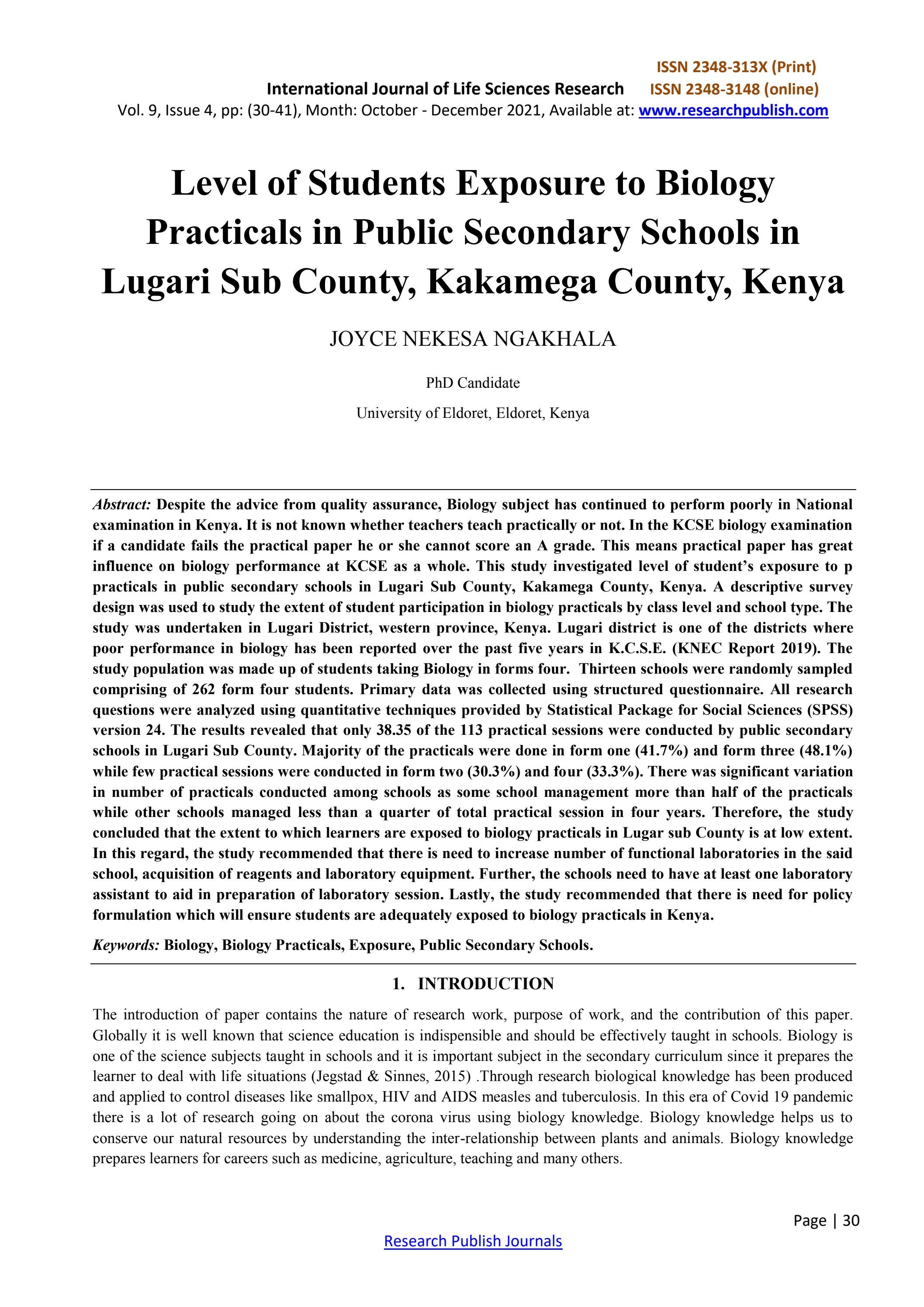 Level of Students Exposure to Biology Practicals in Public Secondary ...