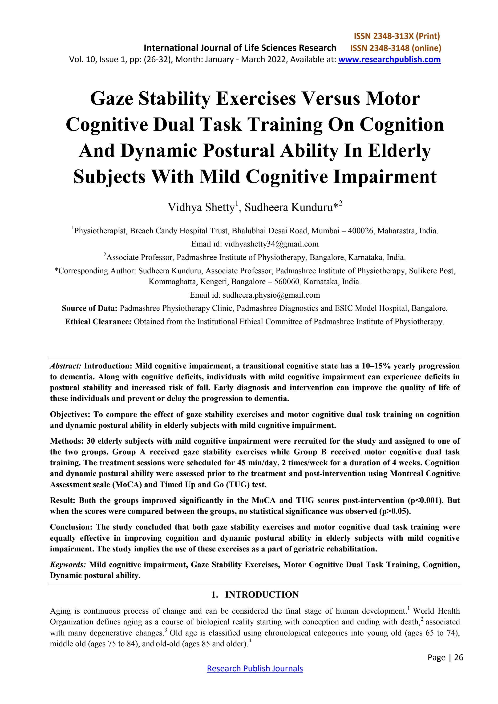 Gaze Stability Exercises Versus Motor Cognitive Dual Task Training On ...